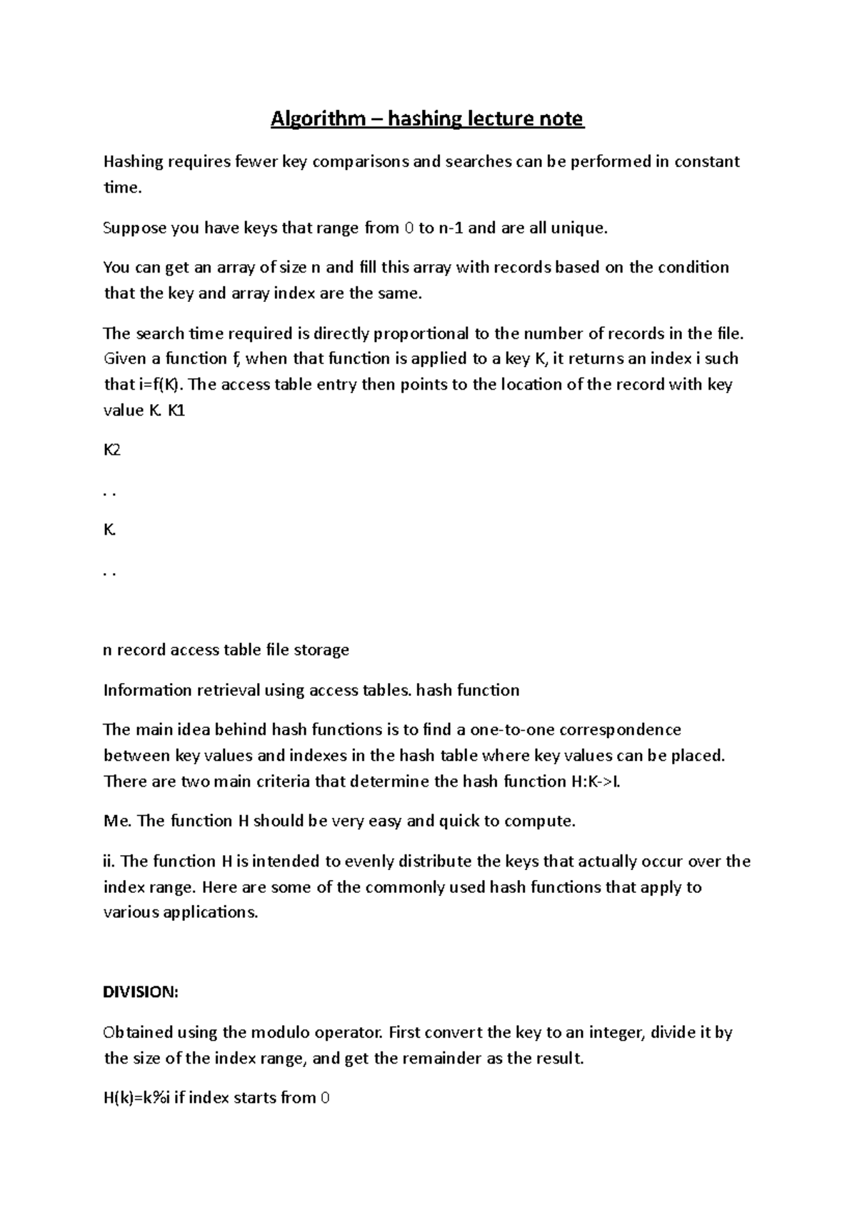 Algorithm Hashing Lecture Note Suppose You Have Keys That Range From 0 To N 1 And Are All