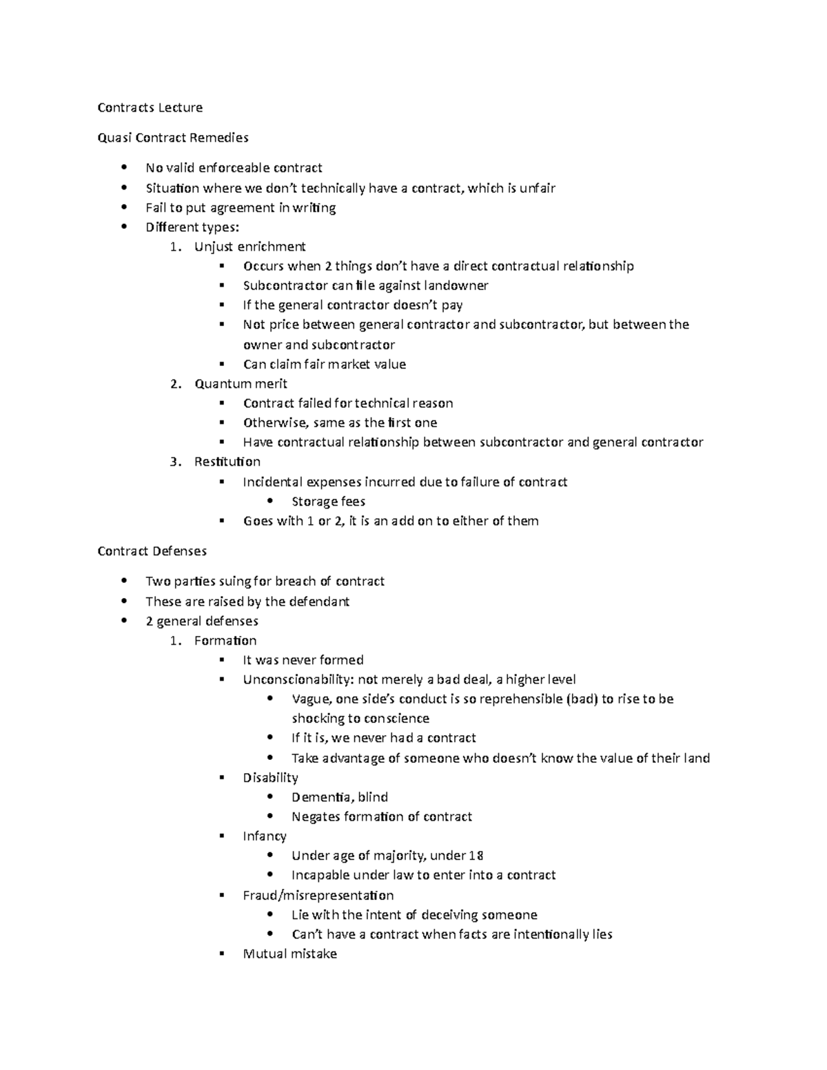 Business Law Lecture notes - Contracts Lecture Quasi Contract Remedies ...