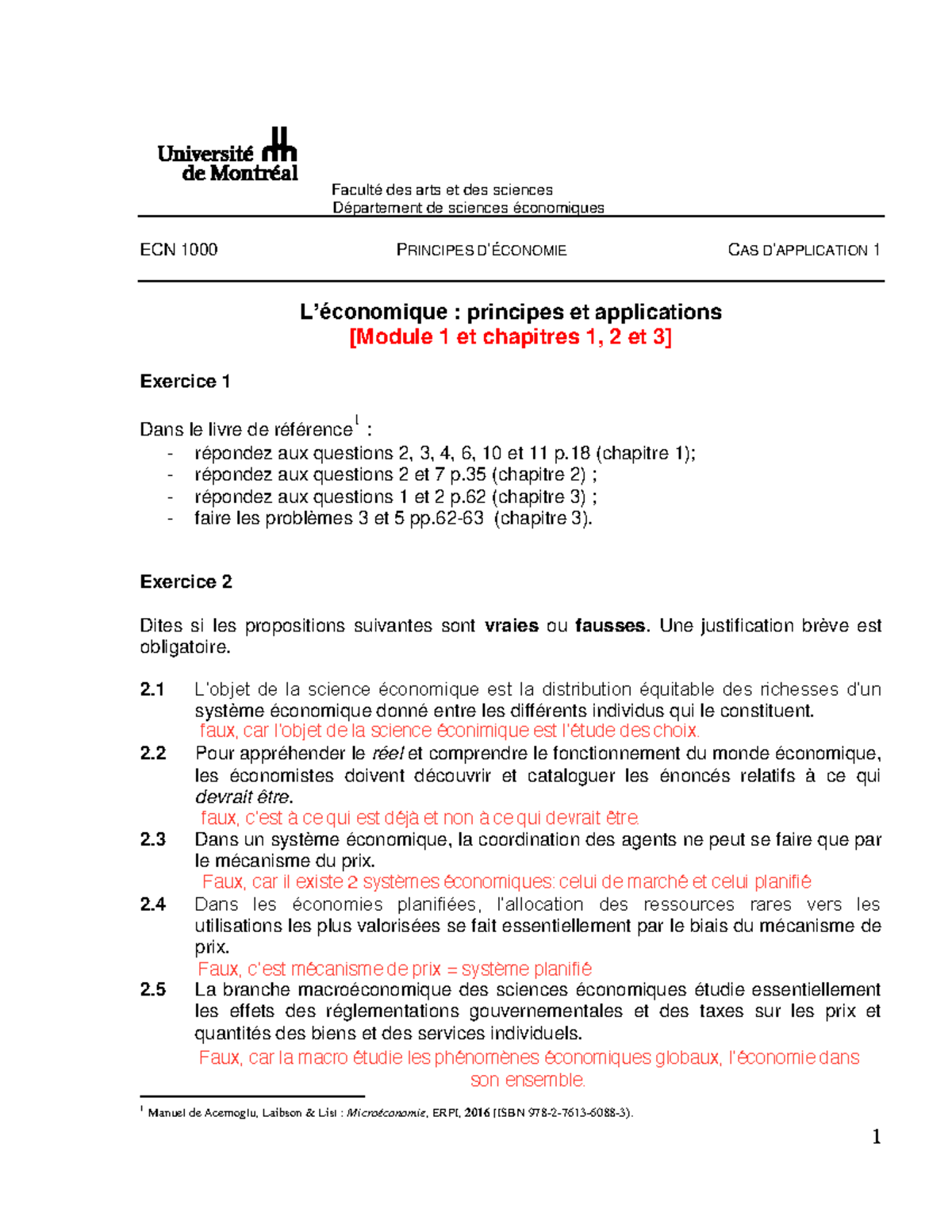 Exercices sur le module 1 - 1 Faculté des arts et des sciences ...