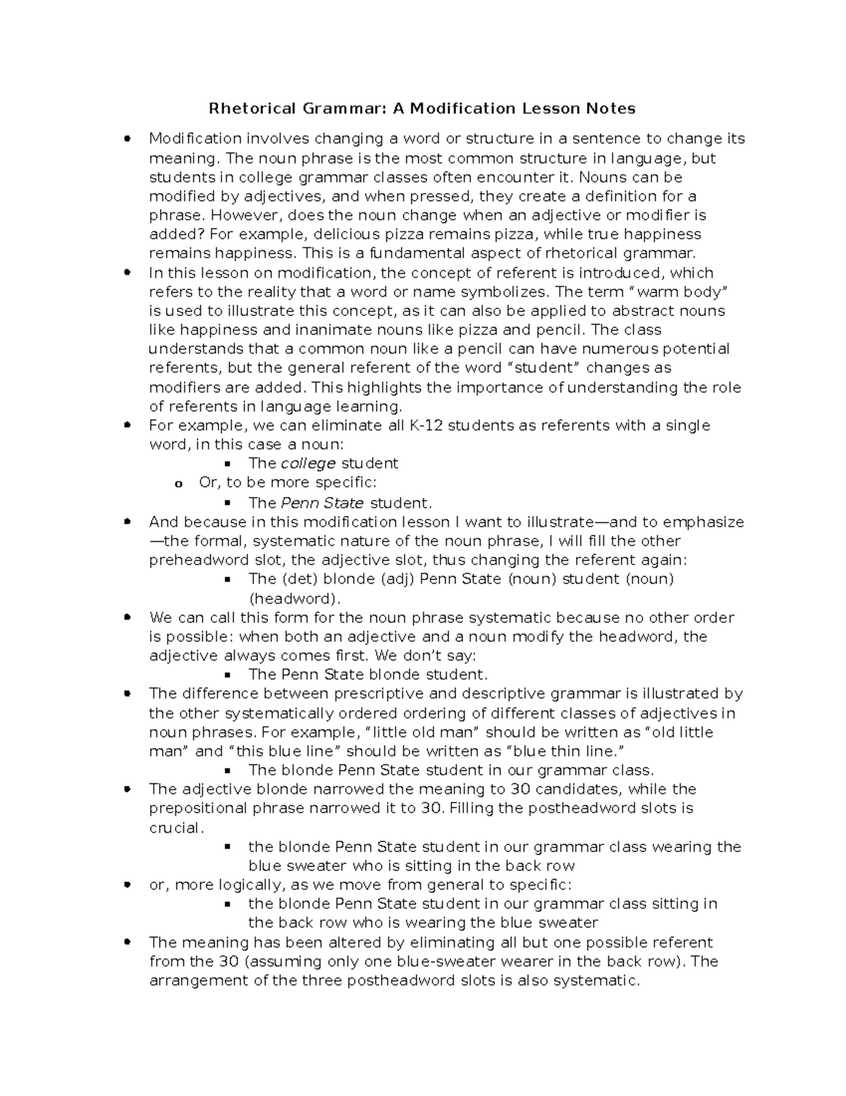 Rhetorical Grammar Notes - ENGL 4312 - Lamar University - Studocu