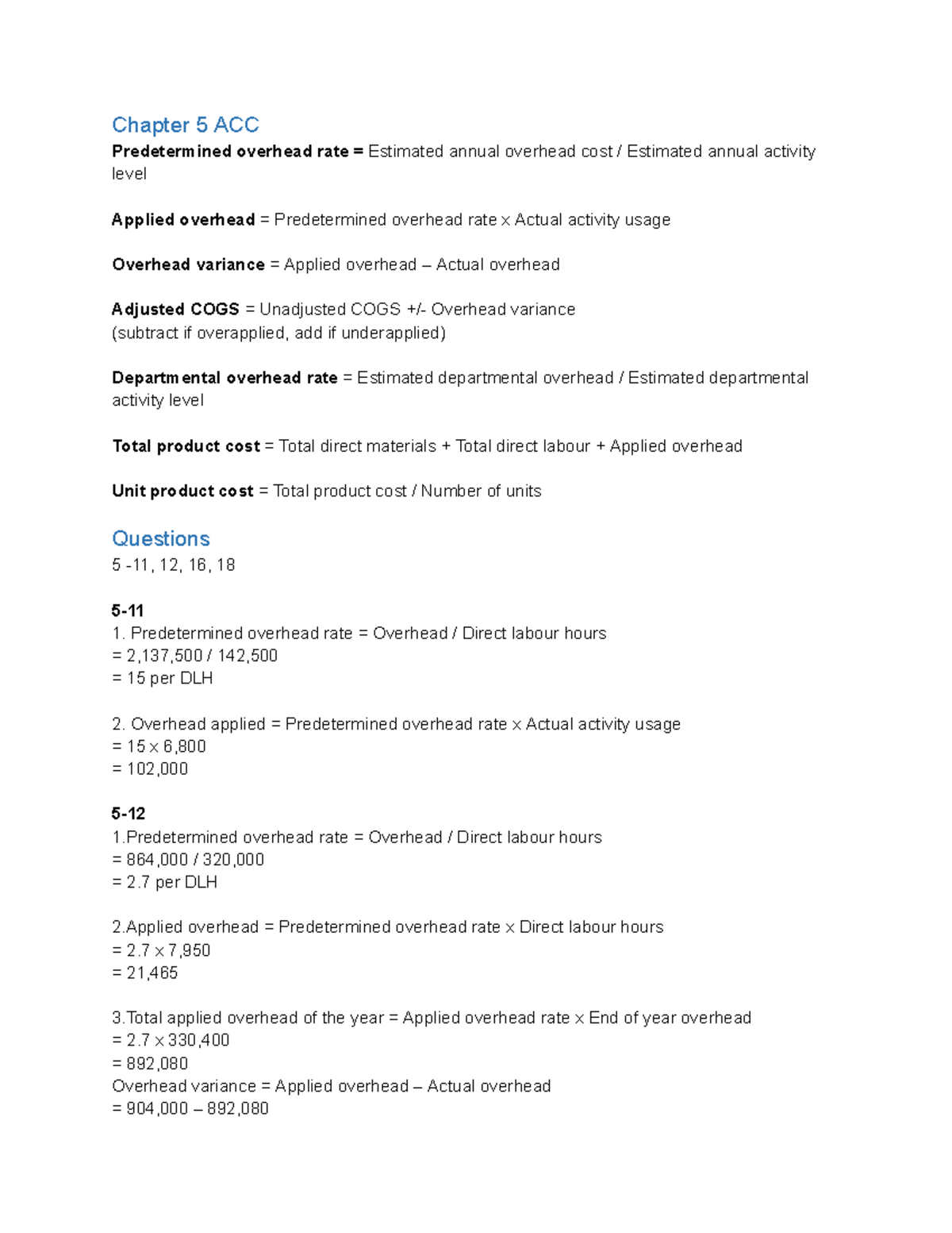 ACC Chapter 5 - Chapter 5 ACC Predetermined overhead rate = Estimated annual overhead cost ...
