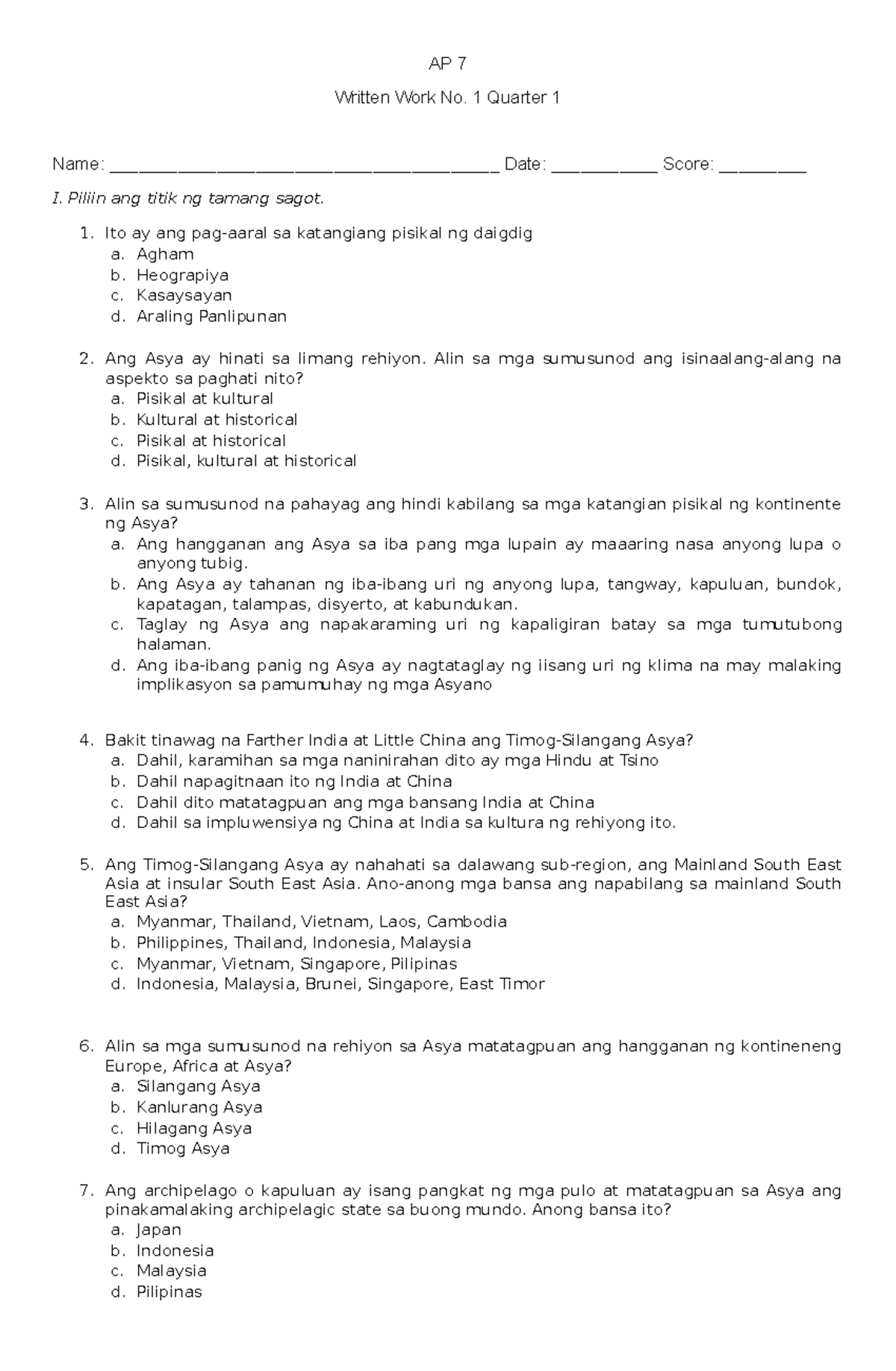 ST AP 7 NO - 111111 - AP 7 Written Work No. 1 Quarter 1 Name: - Studocu