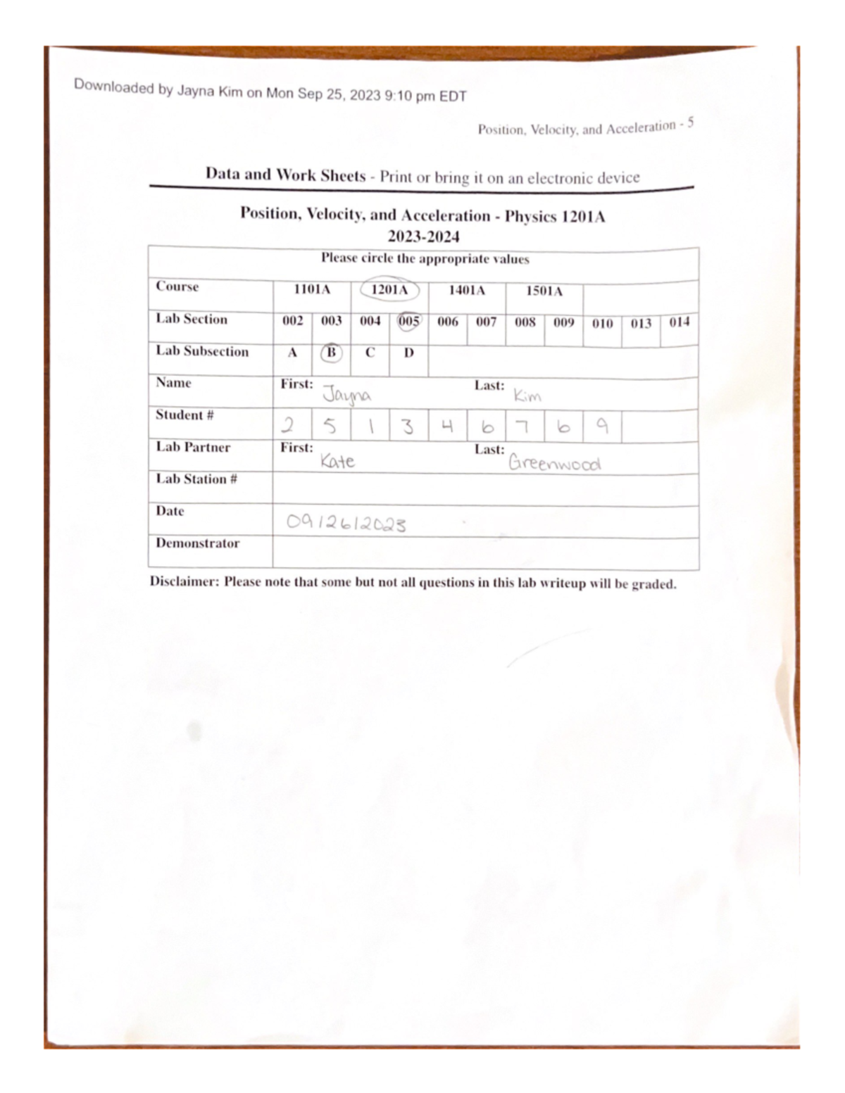 Position, velocity, and acceleration lab- Jayna Kim - Phys 1201 - Studocu