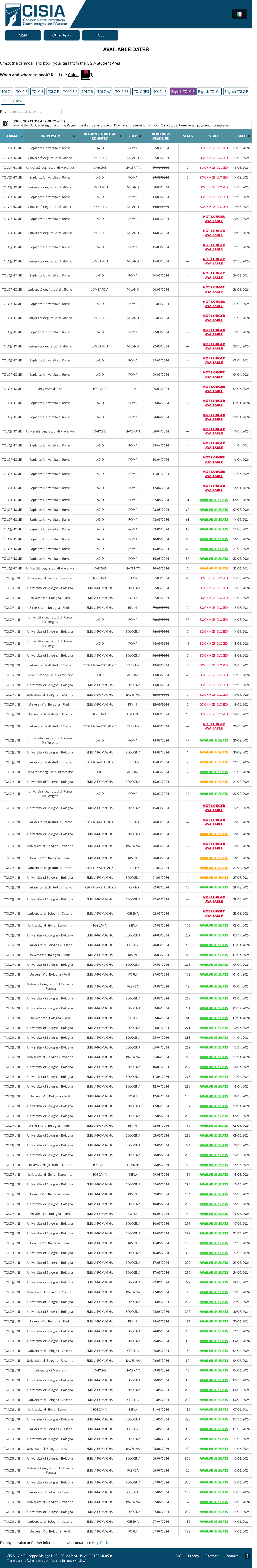 TOLC test day list - Het is een verslag - CISIA - Via Giuseppe Malagoli ...