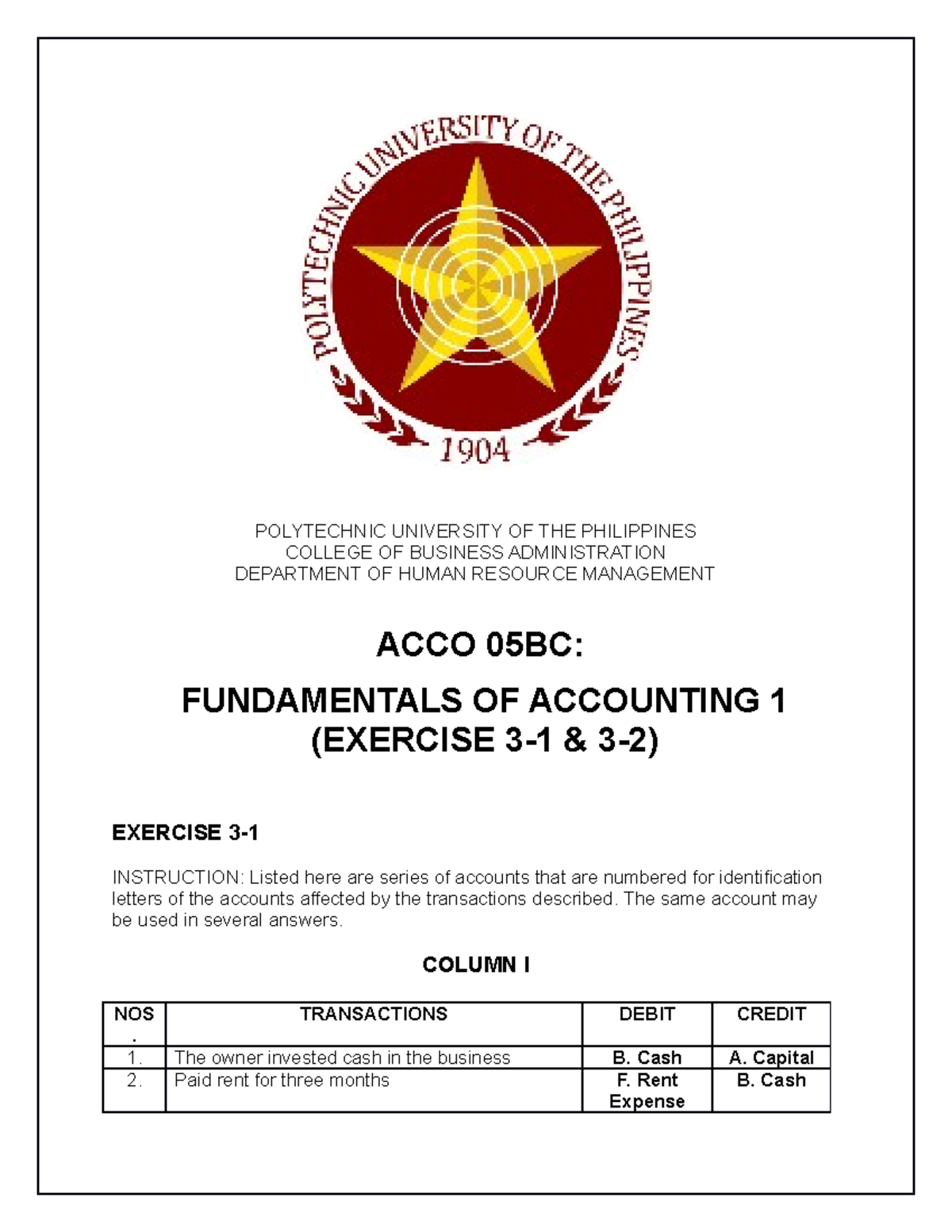 Fundamentals OF Accounting Exercise 3-1 AND 3-2 - POLYTECHNIC ...