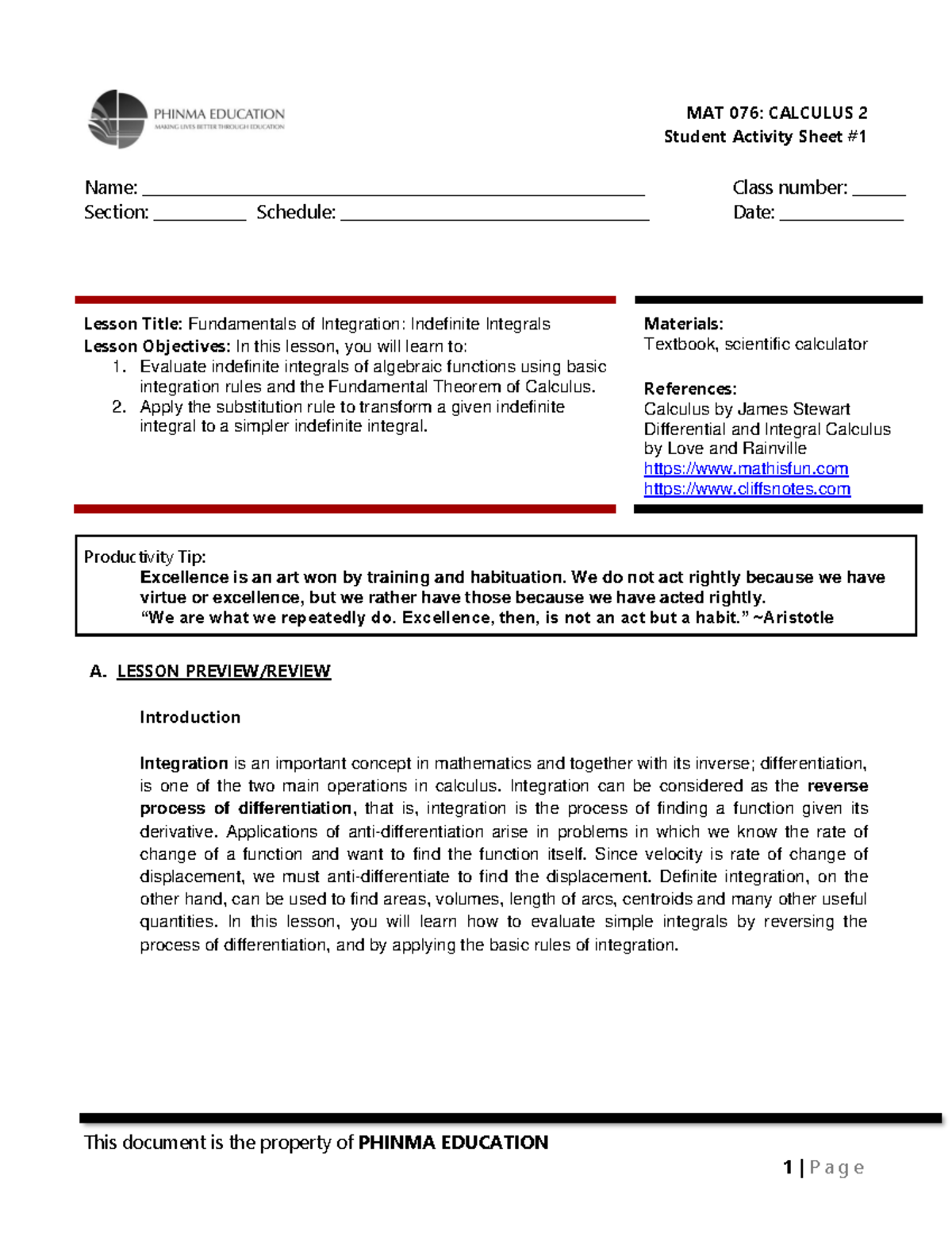 Lesson #1 Indefinite Integral - Student Activity Sheet # Name: - Studocu