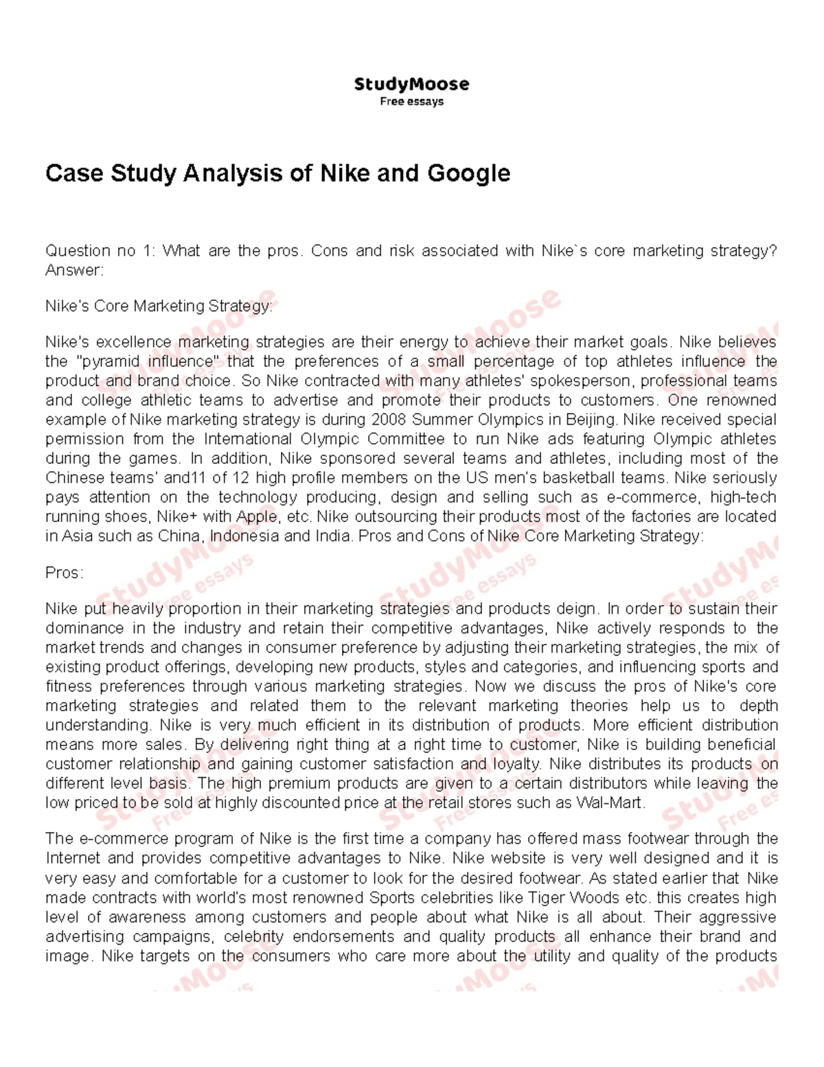 Case Study Analysis of Nike and Google - Case Study Analysis of Nike and Google Question no 1 ...