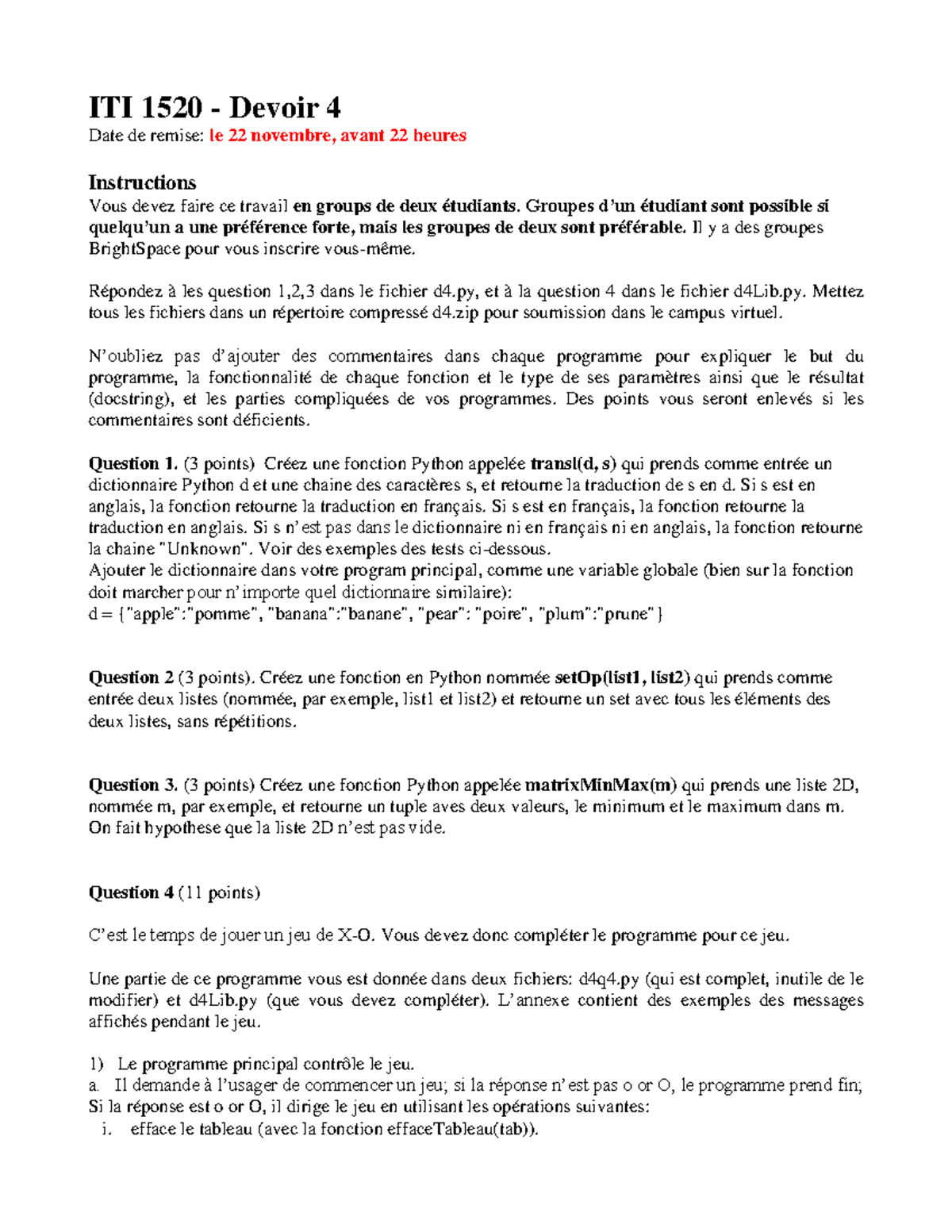 Devoir 4 - ITI 1520 - Devoir 4 Date de remise: le 22 novembre, avant 22 ...