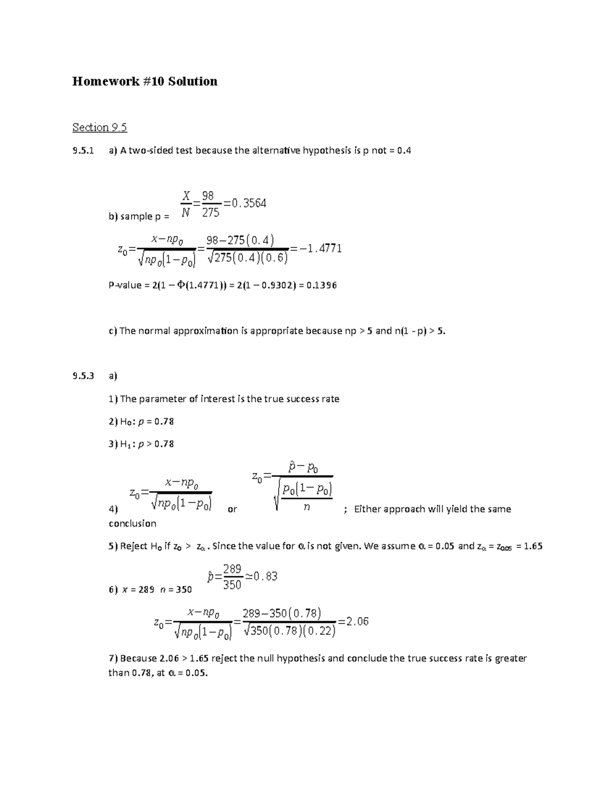 Homework#10 Solution - Homework #10 Solution Section 9. 9.5 a) A two ...