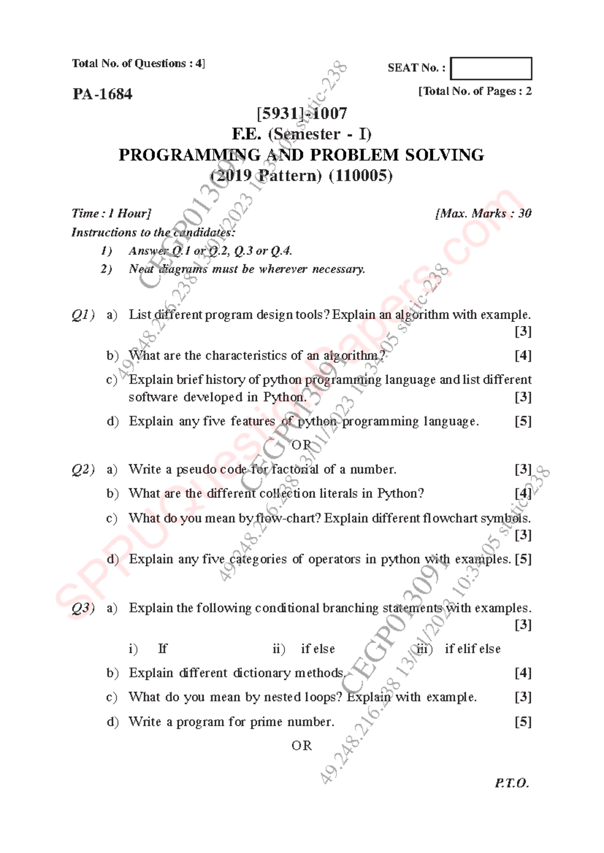 Be First Year Fe Engineering Semester 1 2022 October Programming And Problem Solving Pattern