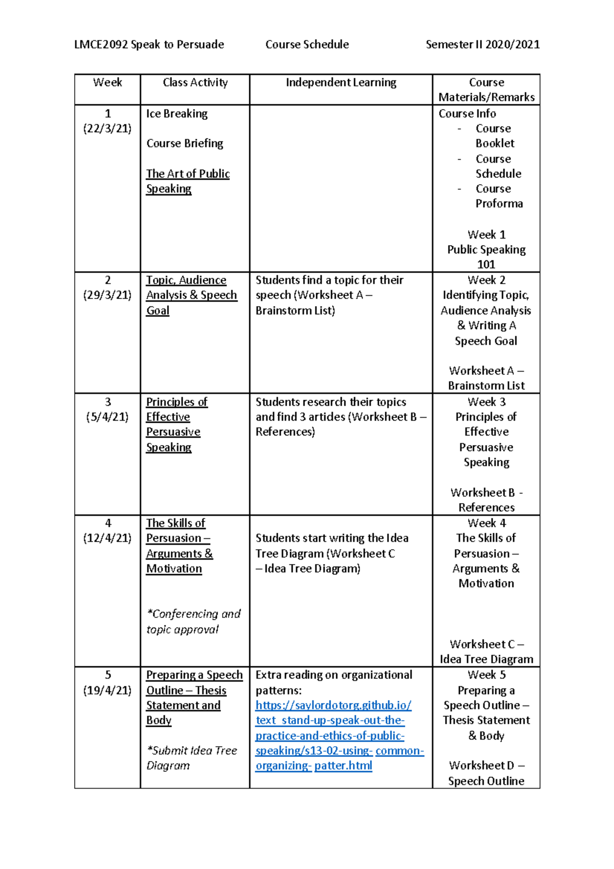 Sem II 2020-2021 Schedule - LMCE2092 Speak to Persuade Course Schedule ...