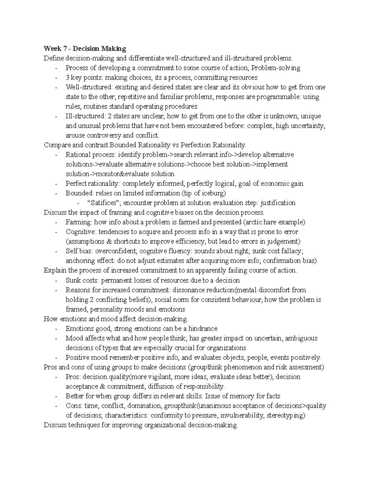 JRE420 Final Cheat Sheet - Week 7 - Decision Making Define decision ...