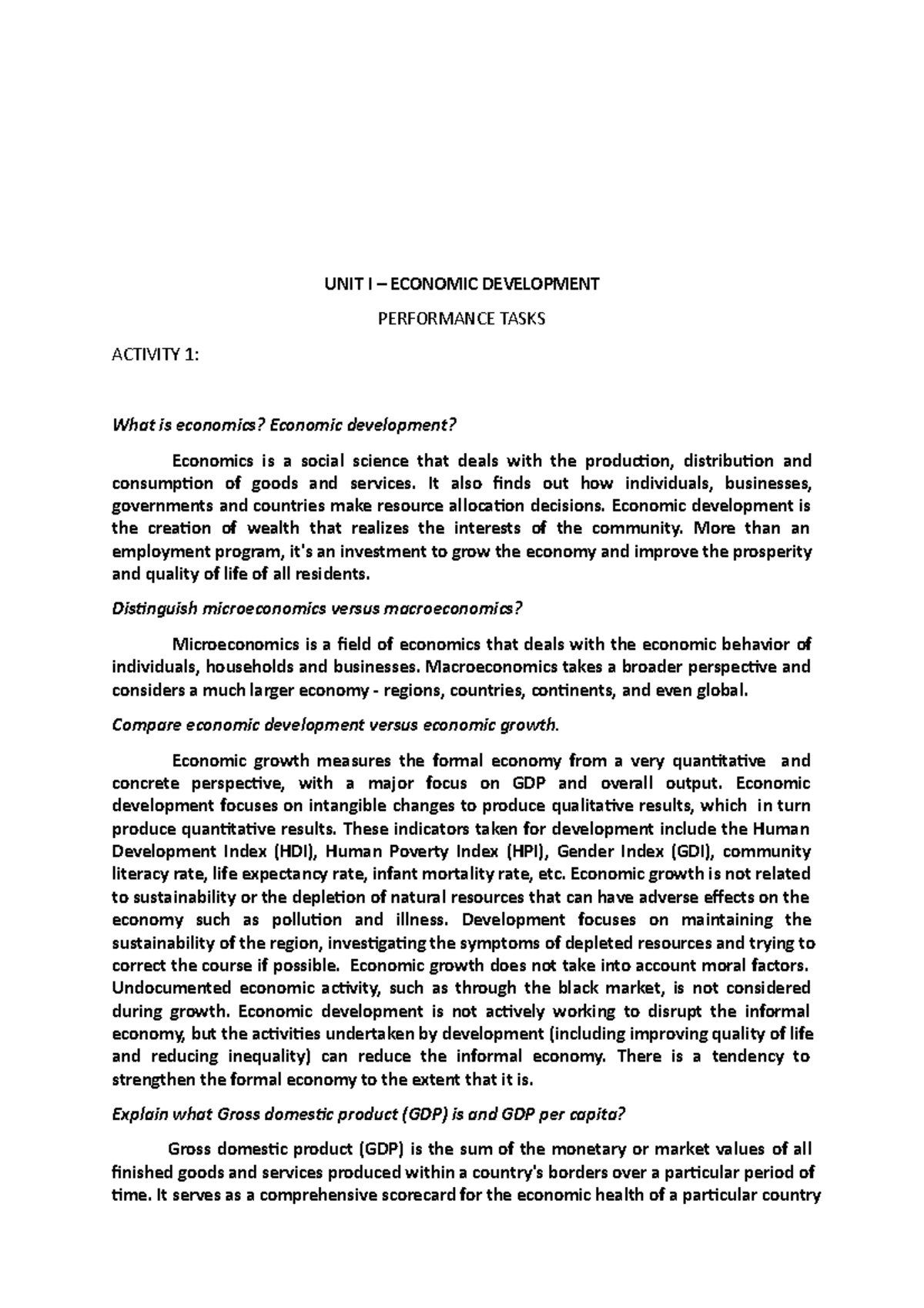 Economic Development Final - UNIT I – ECONOMIC DEVELOPMENT PERFORMANCE ...