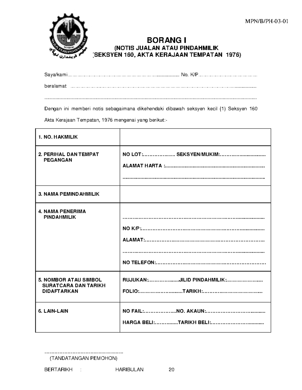 Borang i MPNilai - MPN/B/PH-03- BORANG I (NOTIS JUALAN ATAU PINDAHMILIK ...