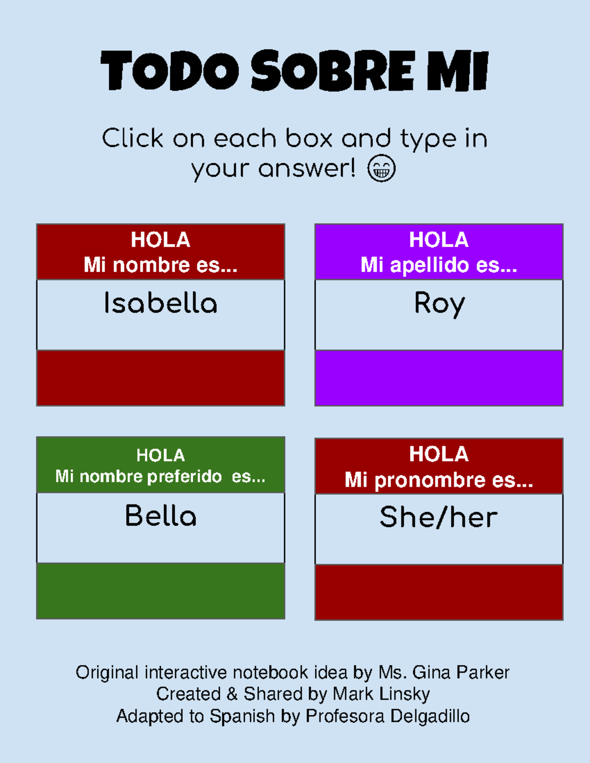 Todo+Sobre+Mí+L1 - Practice - TODO SOBRE MI Click on each box and type ...