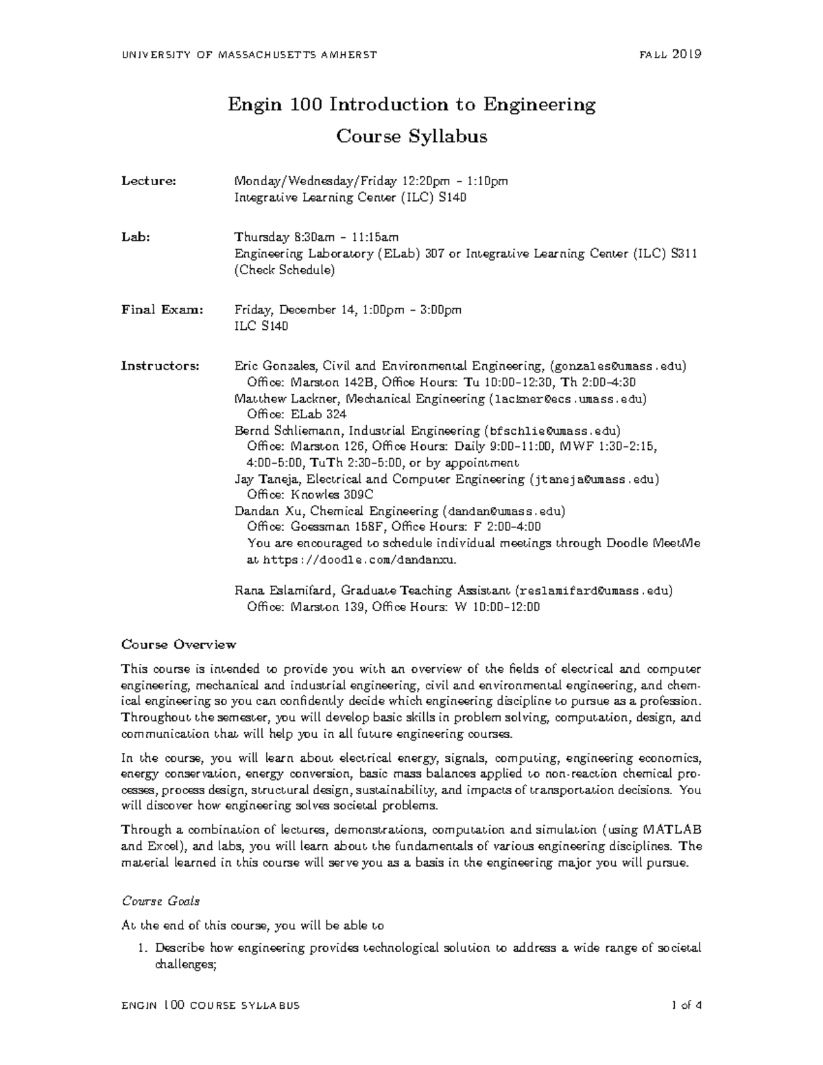 Engin 100 Syllabus Fall2019 - Engin 100 Introduction to Engineering ...