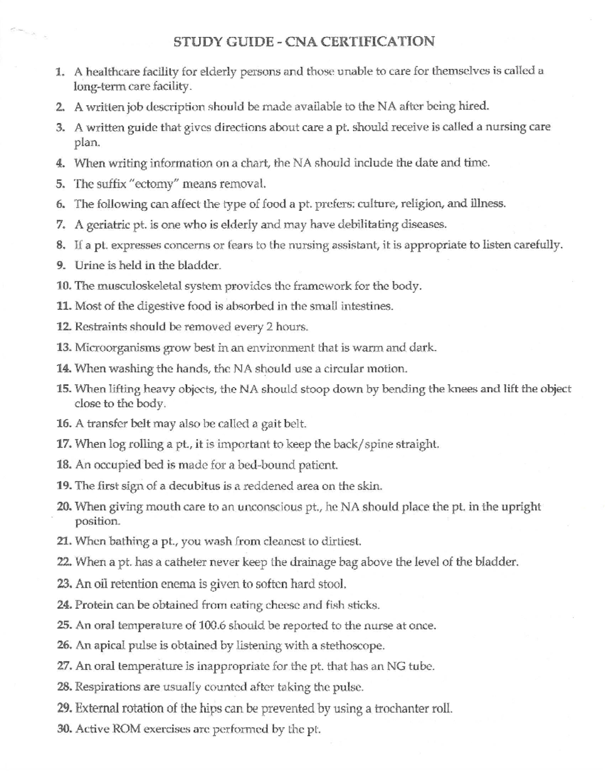 CNA Study Guide - FRFRF - NUR 278 - Studocu