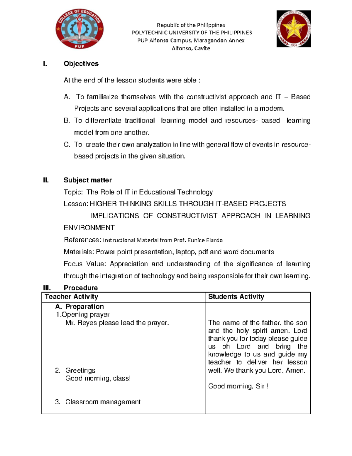 Geneveo, Mark Jay Detailed Lesson Plan - POLYTECHNIC UNIVERSITY OF THE ...