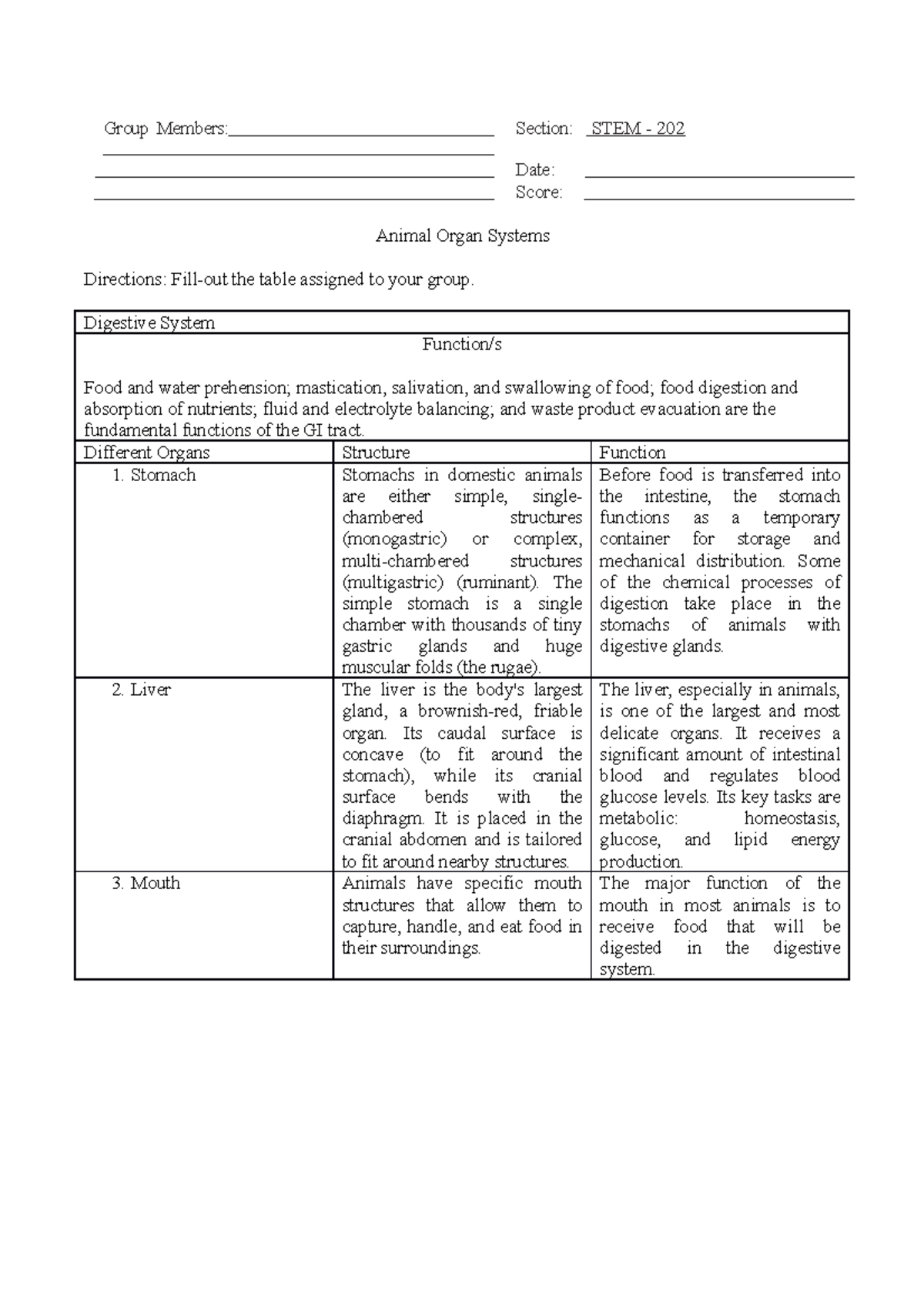 Animal Organ System - Group Members: Section: STEM - 202 Date: Score ...