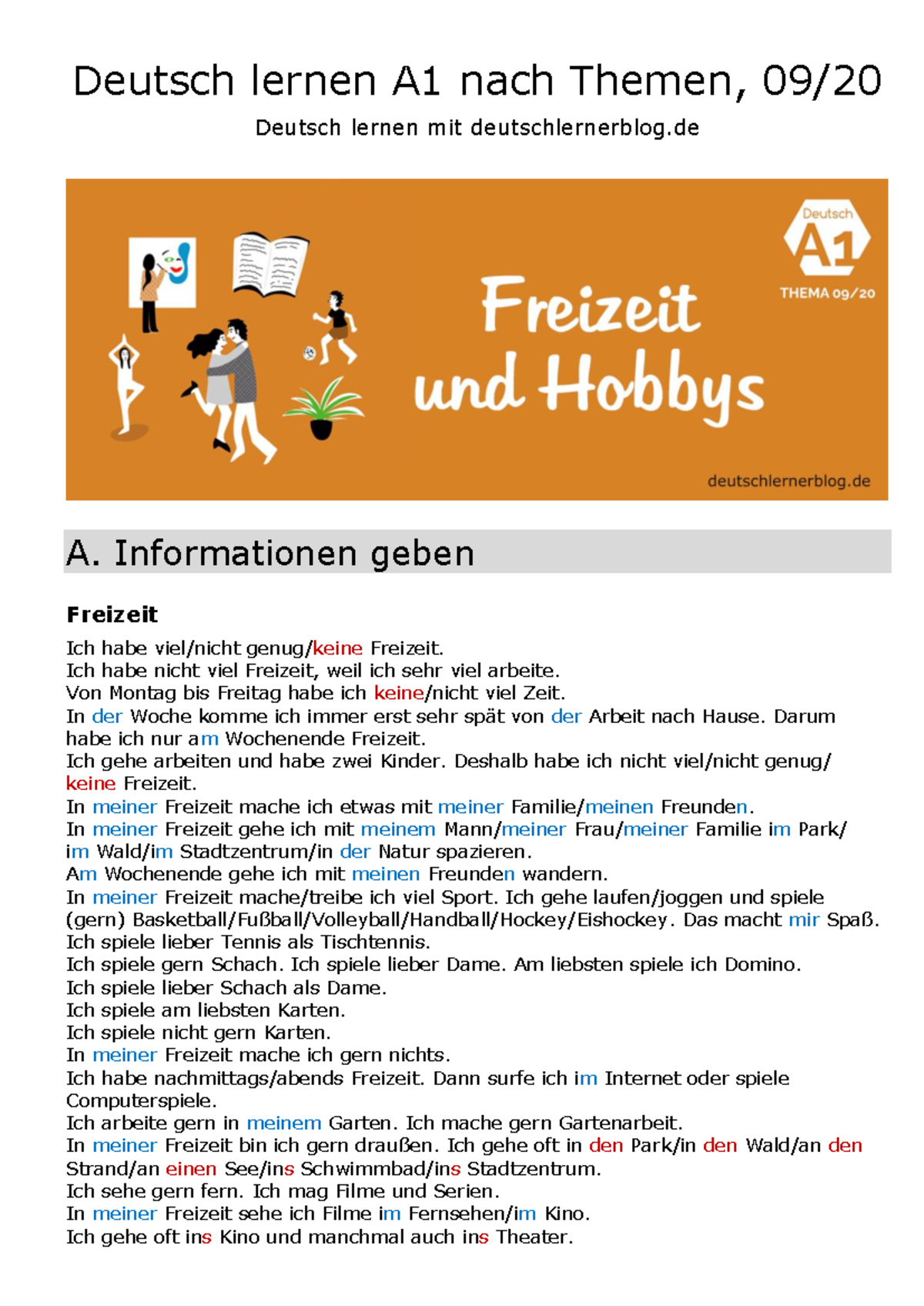 09 Freizeit und Hobbys - Deutsch lernen A1 nach Themen, 09/ Deutsch ...