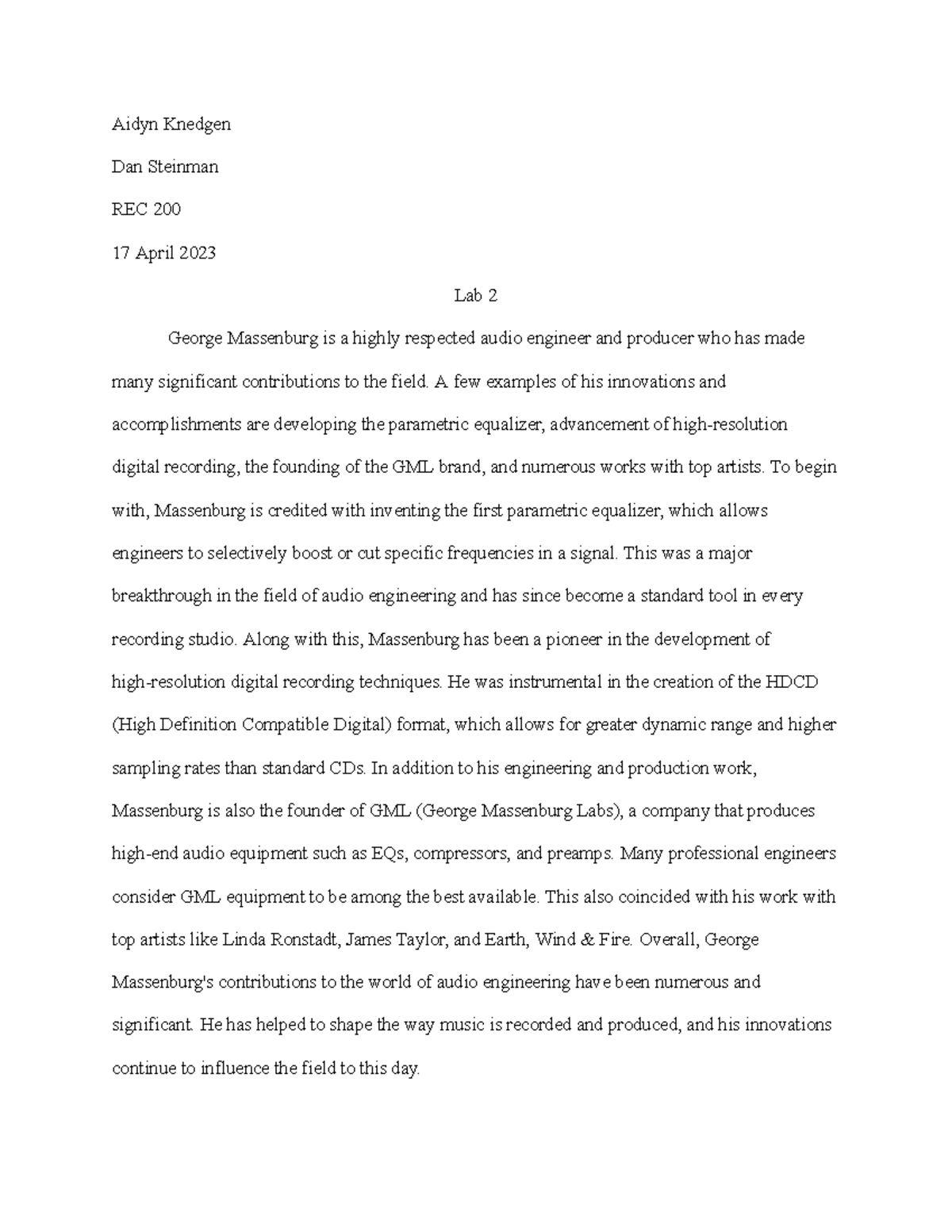Lab 2 - Written Lab of 4 famous audio engineers and how they ...