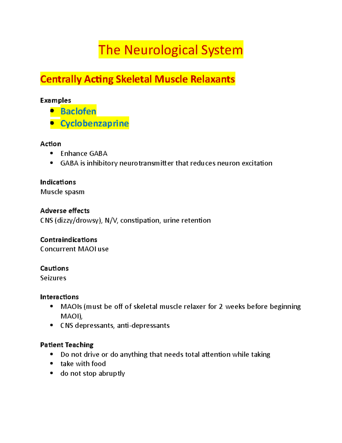 Neuro Medications 1 - The Neurological System Centrally Acting Skeletal ...
