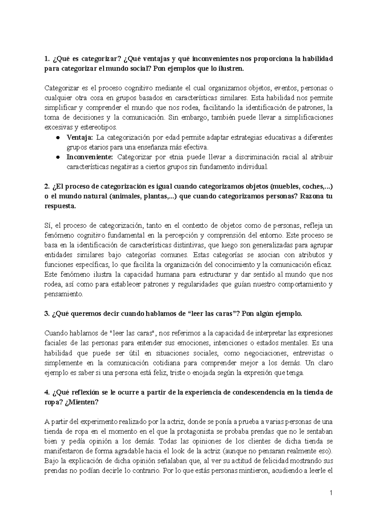 Práctica #8 Psicosociales - 1. ¿Qué es categorizar? ¿Qué ventajas y qué ...