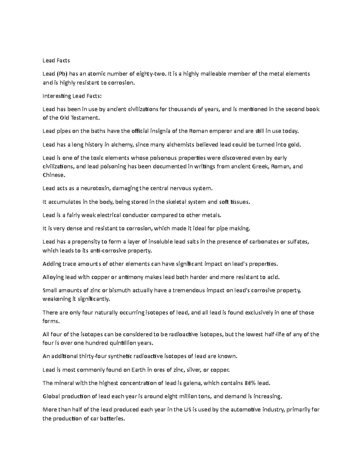 Lead Facts - Lecture notes 11 - Lead Facts Lead (Pb) has an atomic ...