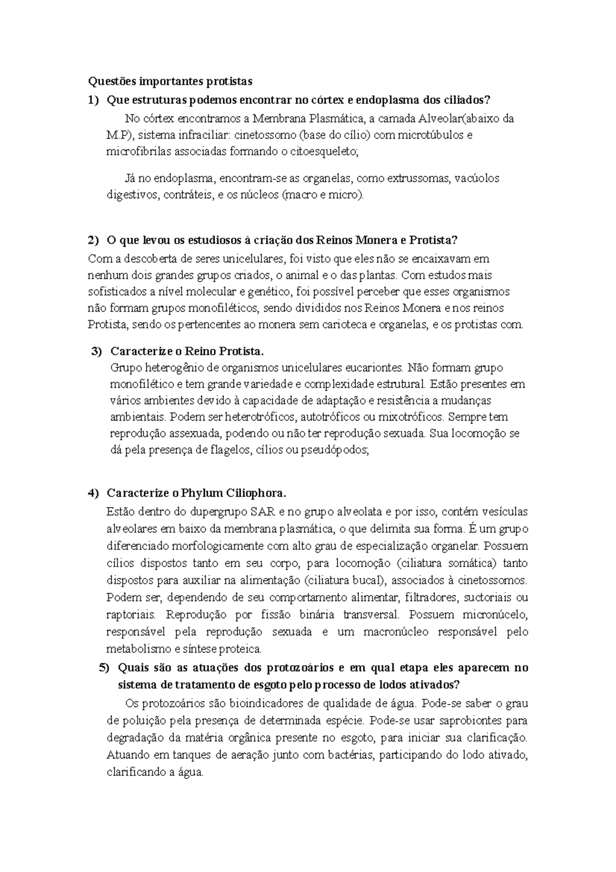 Prova 18 Julho 2016, questões e respostas - importantes protistas 1 ...