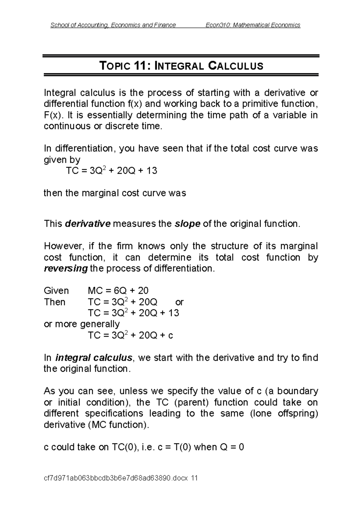 Econ310 Topic 11 Integration - TOPIC 11: INTEGRAL CALCULUS Integral ...
