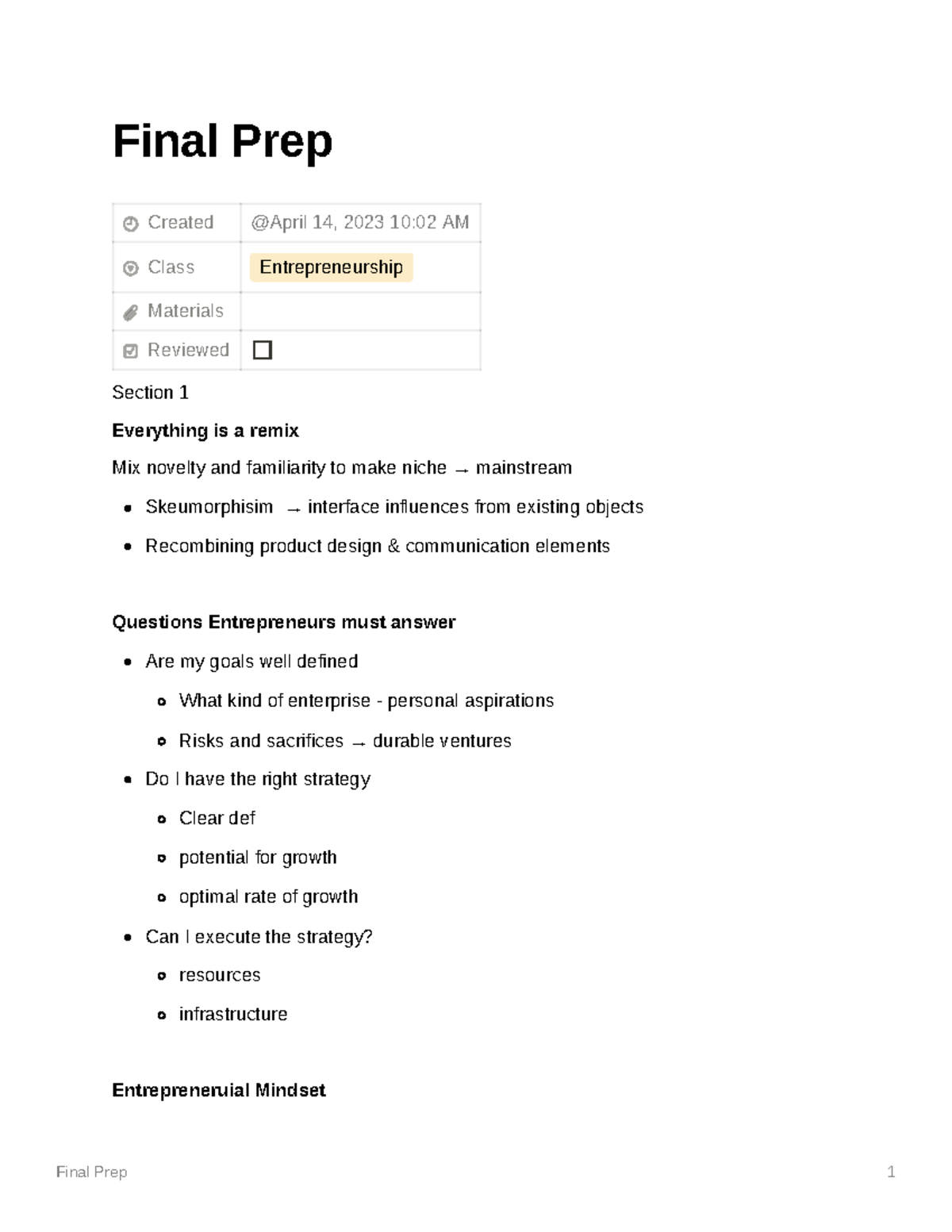 Final notes 2 - Final Prep Created Class Entrepreneurship Materials ...