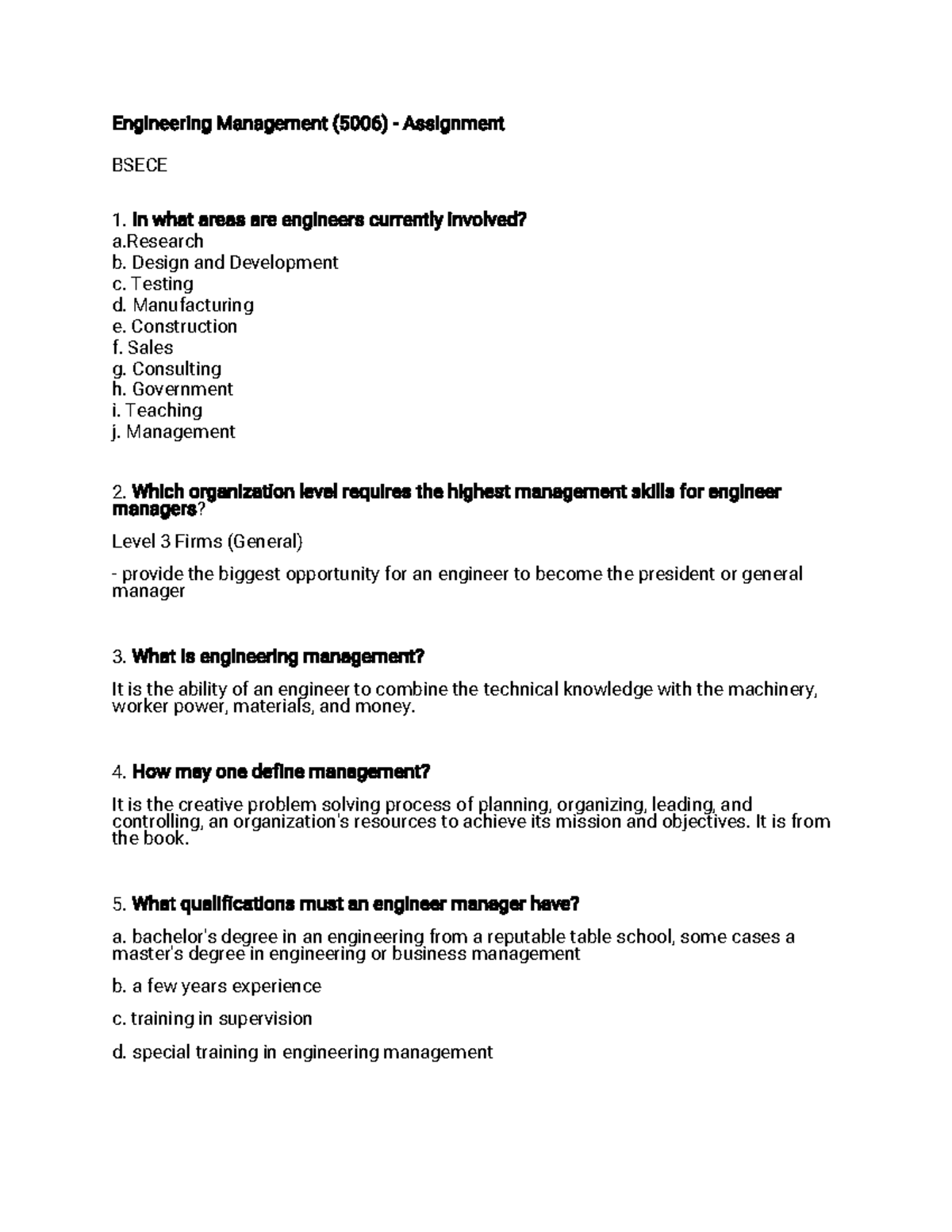 EM - Assignment 1 - Example questions in Engineering management ...