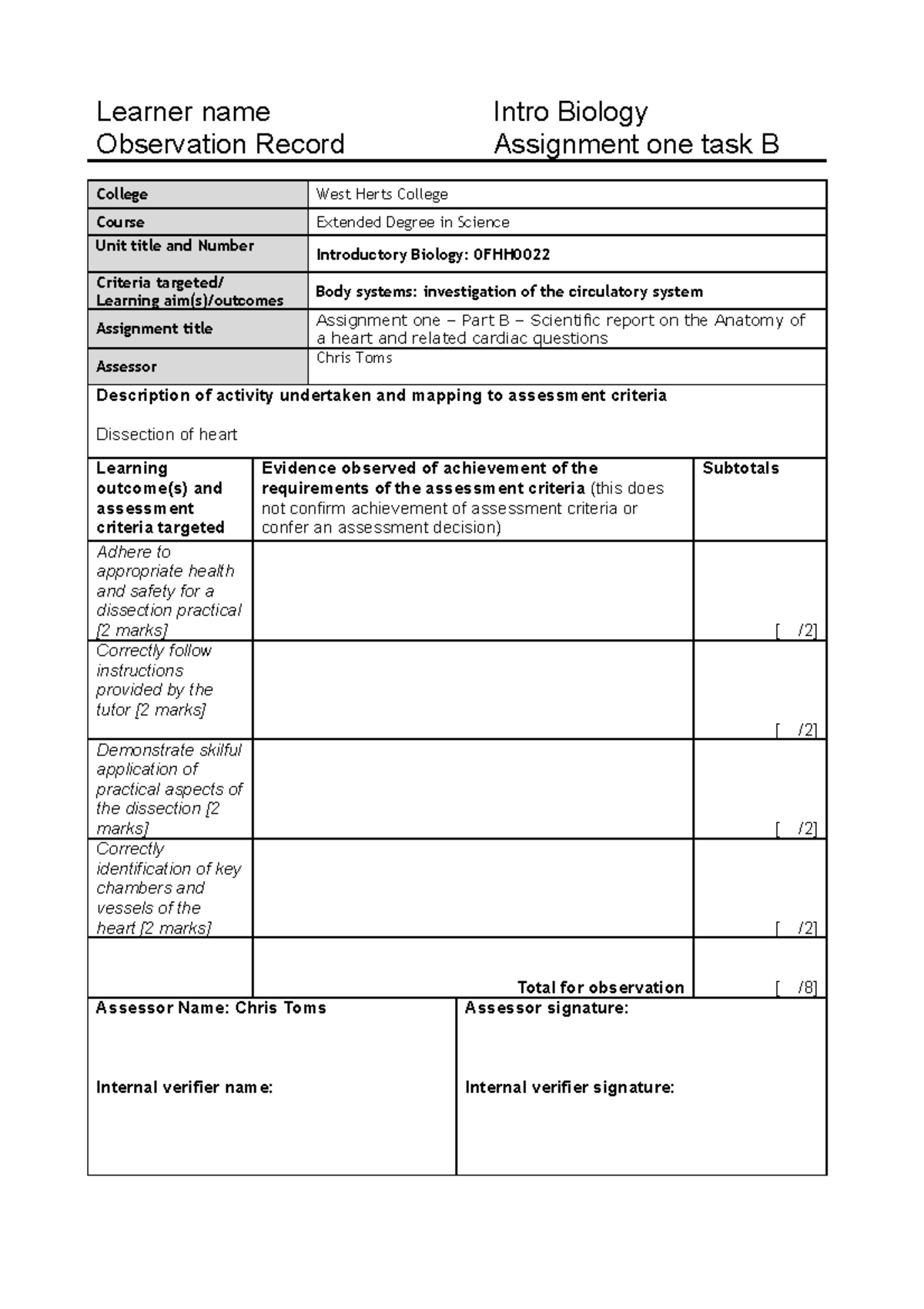 introductory Biology Observation record-2 - Learner name Observation ...