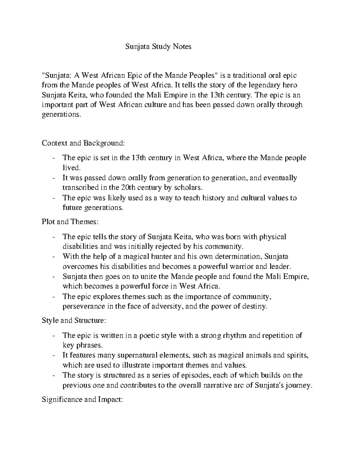 Sunjata Study Notes - Sunjata Study Notes "Sunjata: A West African Epic ...