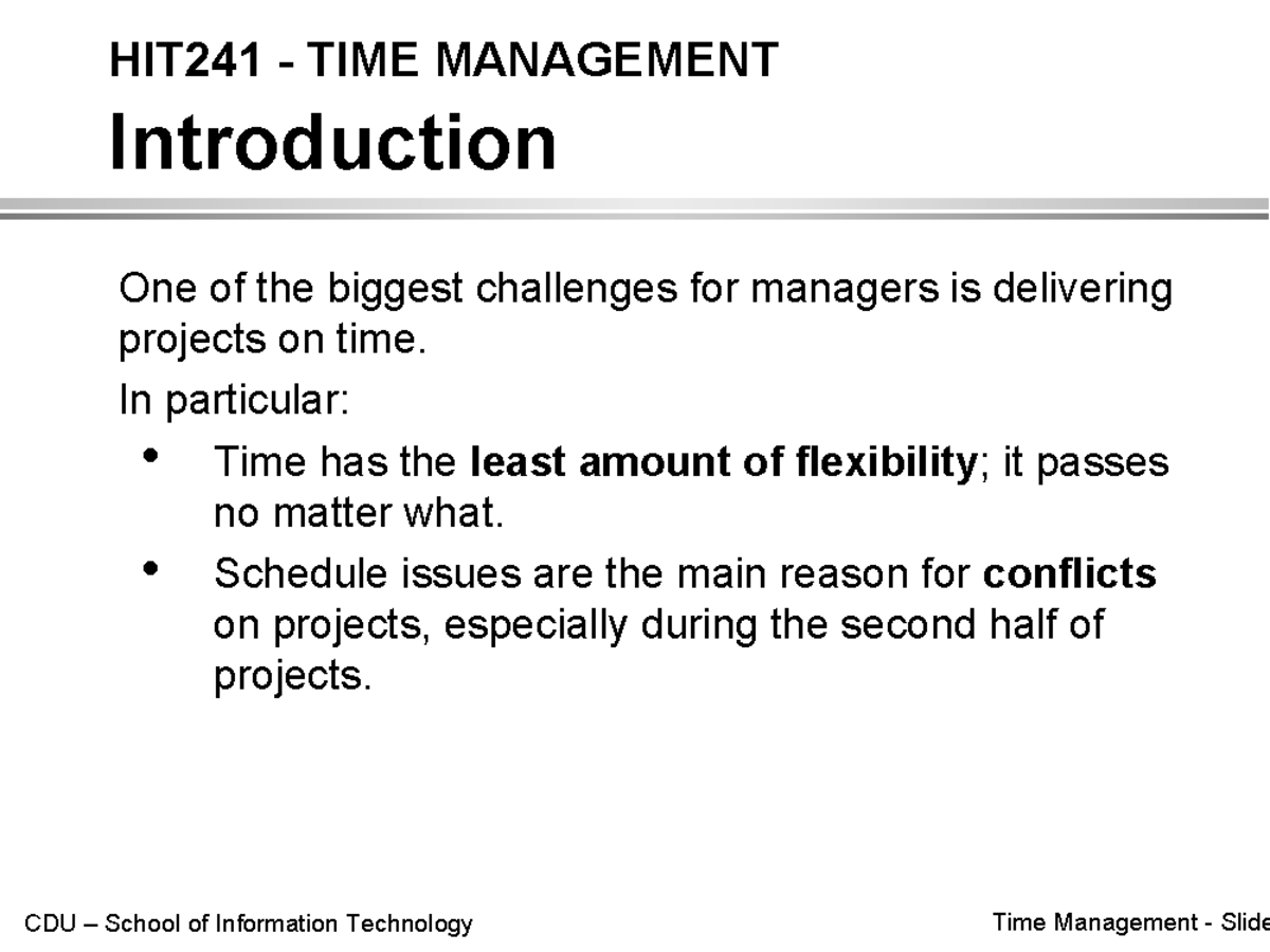 Lecture slides, lectures Time Management - HIT241 TIME MANAGEMENT ...
