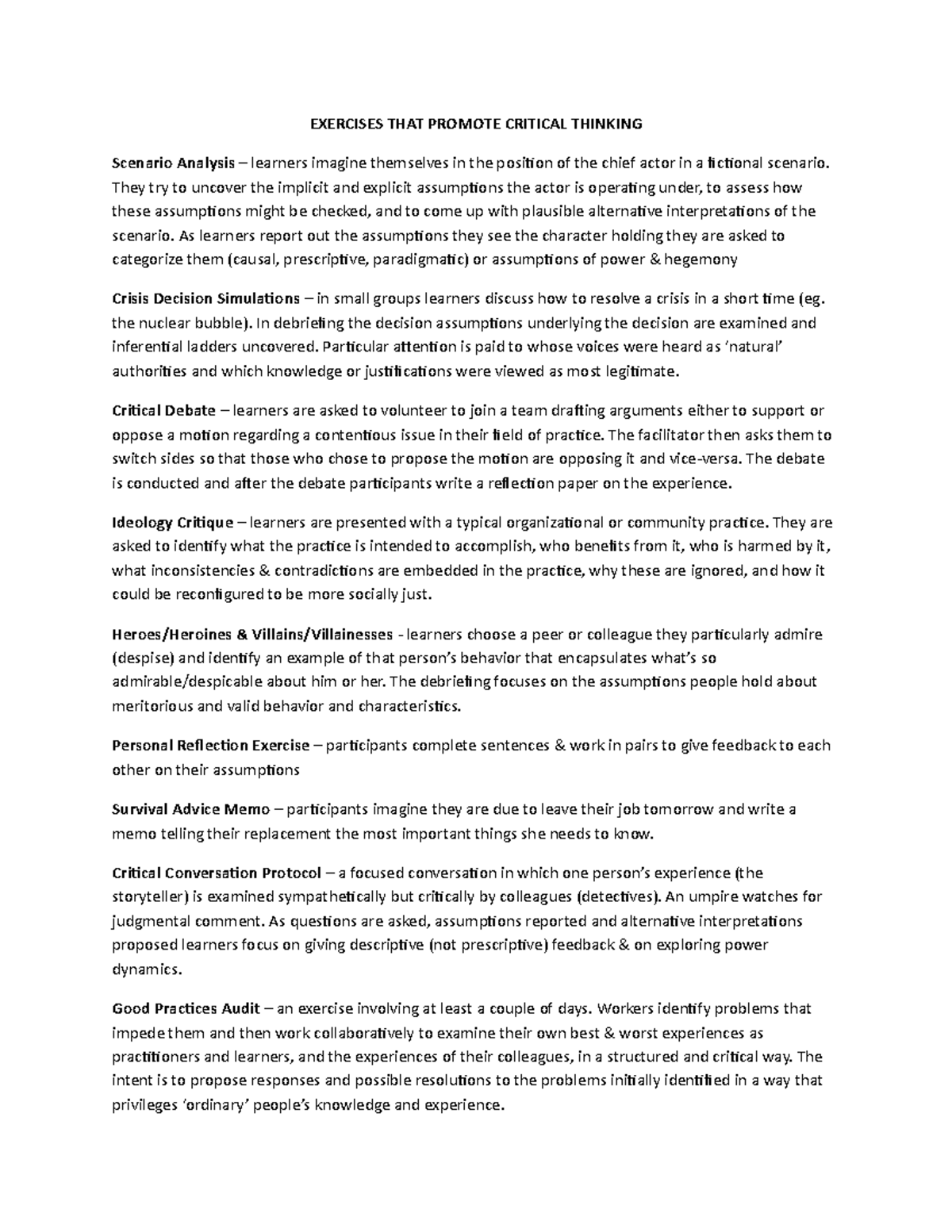 Exercises THAT Promote Critical Thinking - EXERCISES THAT PROMOTE ...