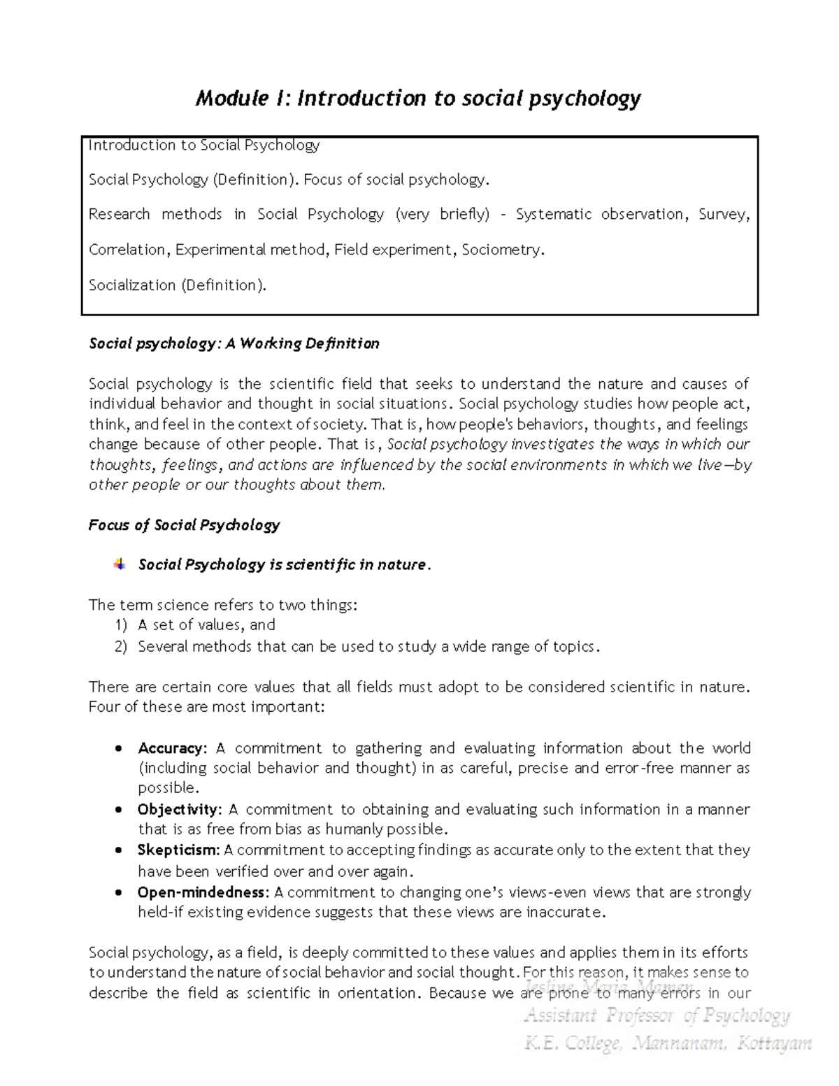 Module 1- Introduction TO Social Psychology - Module I: Introduction to ...