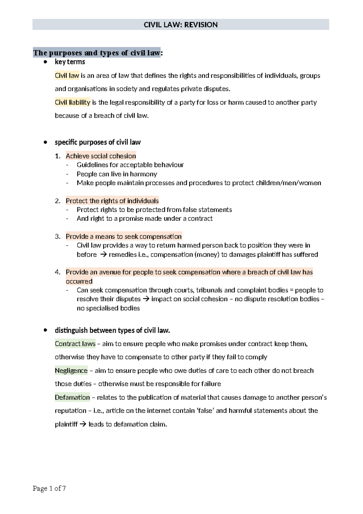 U1AOS3 Civil Liability - CIVIL LAW: REVISION The purposes and types of ...