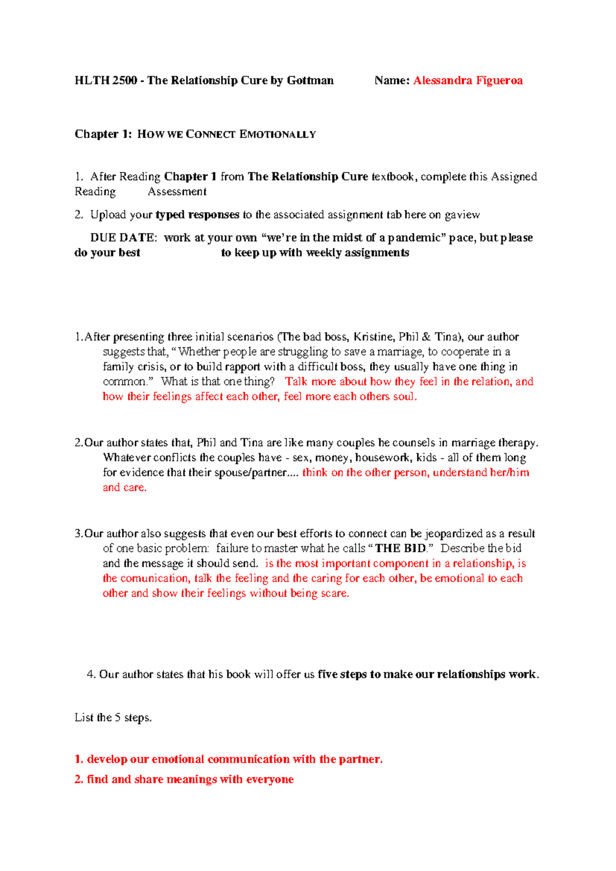 HLTH 2500 - The Relationship Cure by Gottman - ” What is that one thing ...
