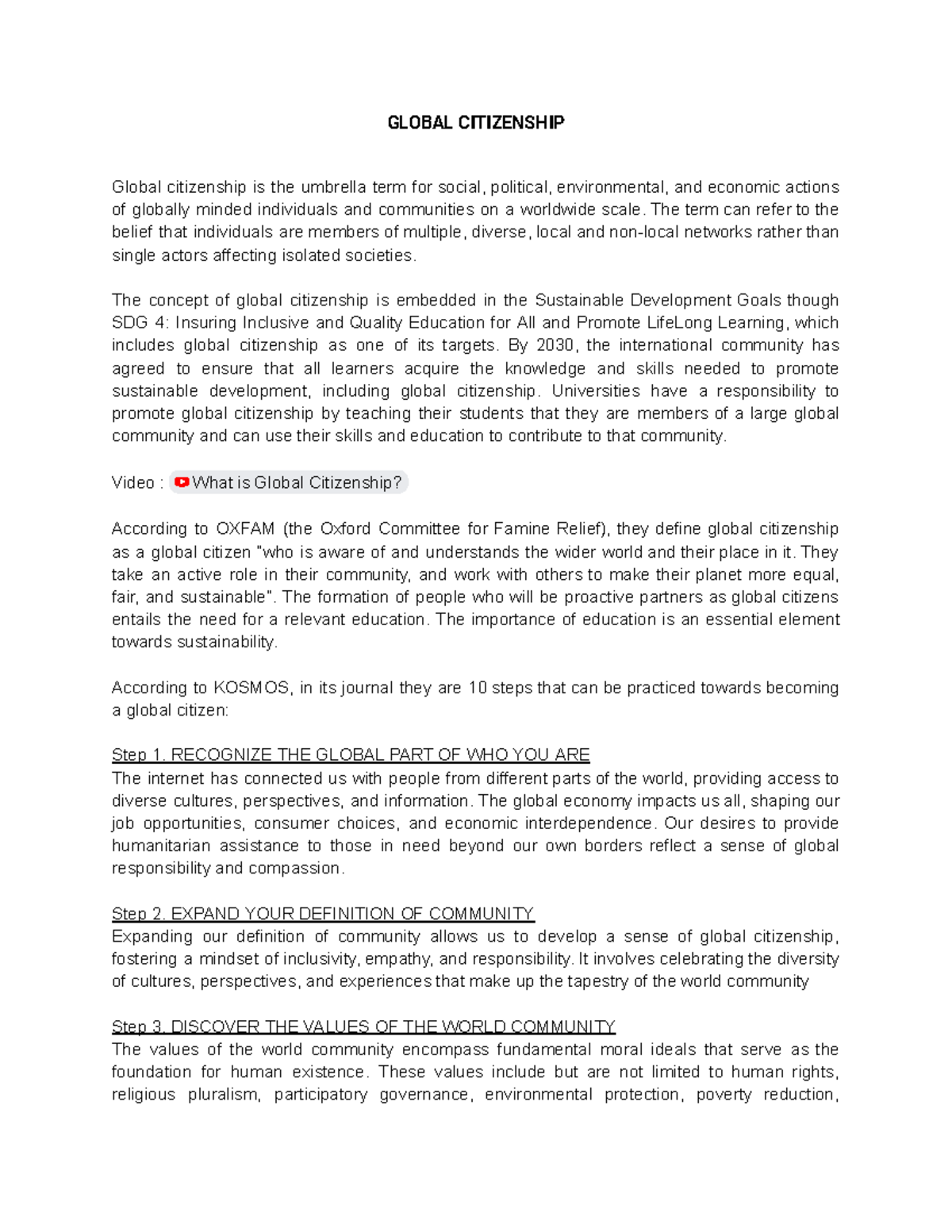 Global Citizenship - N/a - GLOBAL CITIZENSHIP Global citizenship is the ...