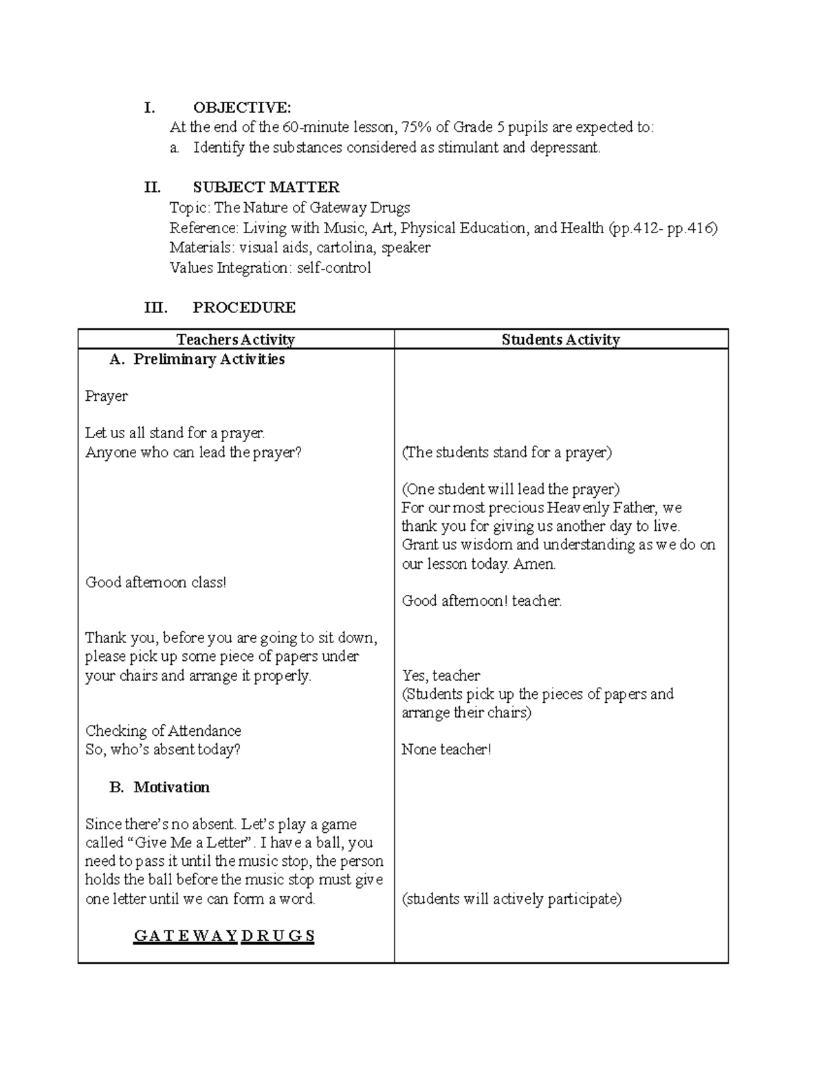 Lesson Planhealth PRE DEMO - I. OBJECTIVE: At the end of the 60 ...