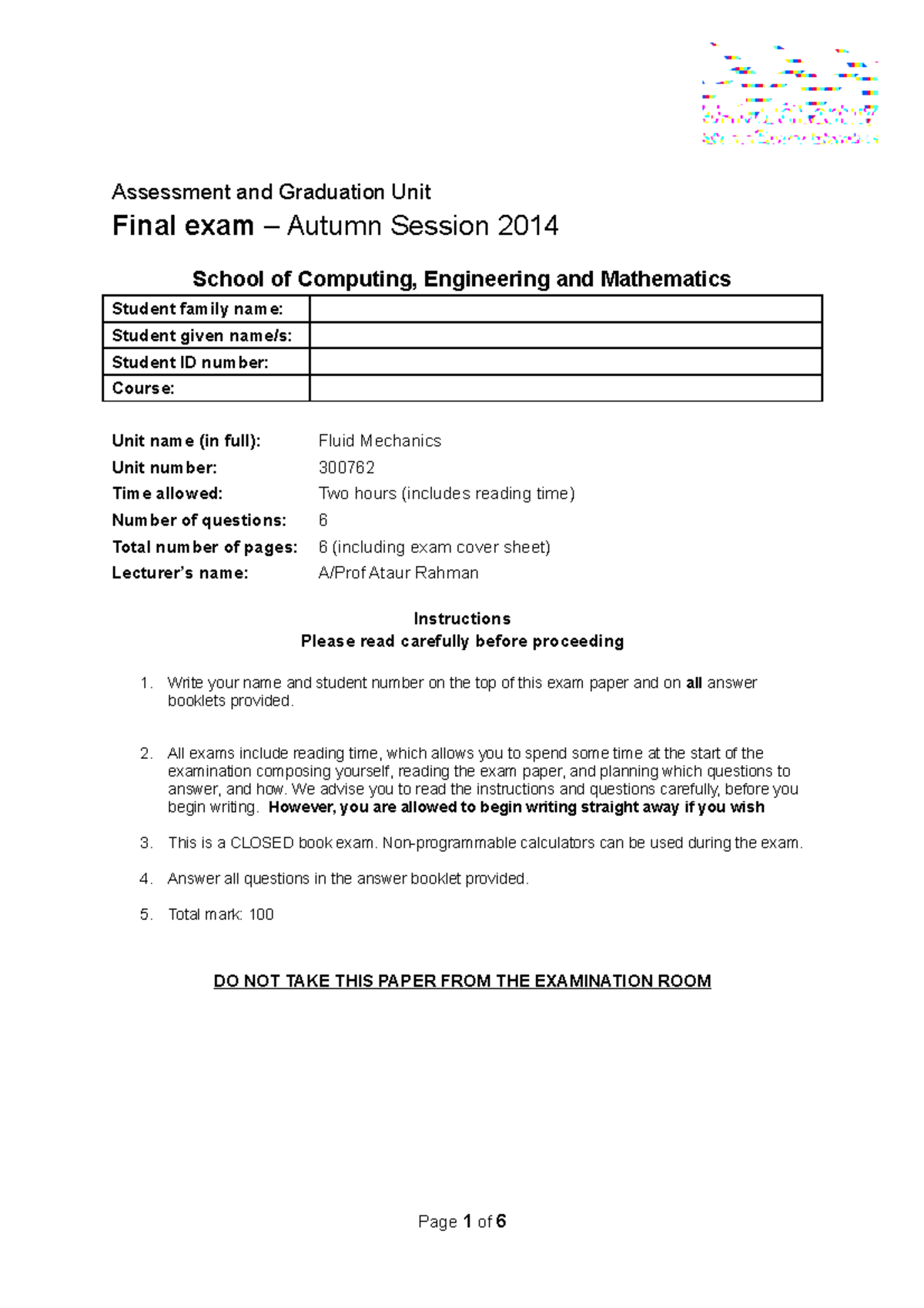 Final Exam 2014, questions - Assessment and Graduation Unit Final exam ...