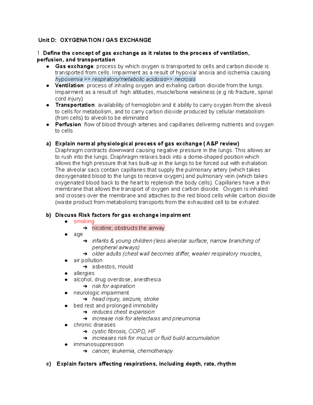 Oxygenation/Gas Exchange - Unit D: OXYGENATION / GAS EXCHANGE Define ...