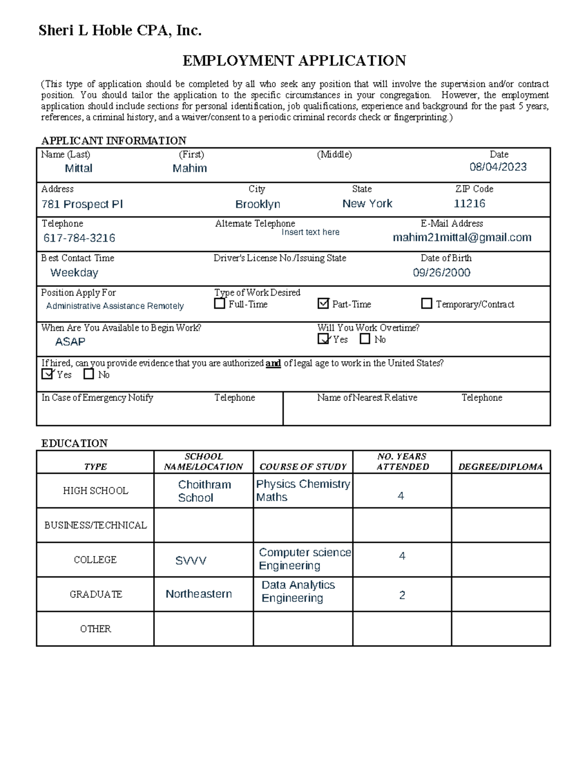 Employment Application - APPLICANT INFORMATION Name (Last) (First ...
