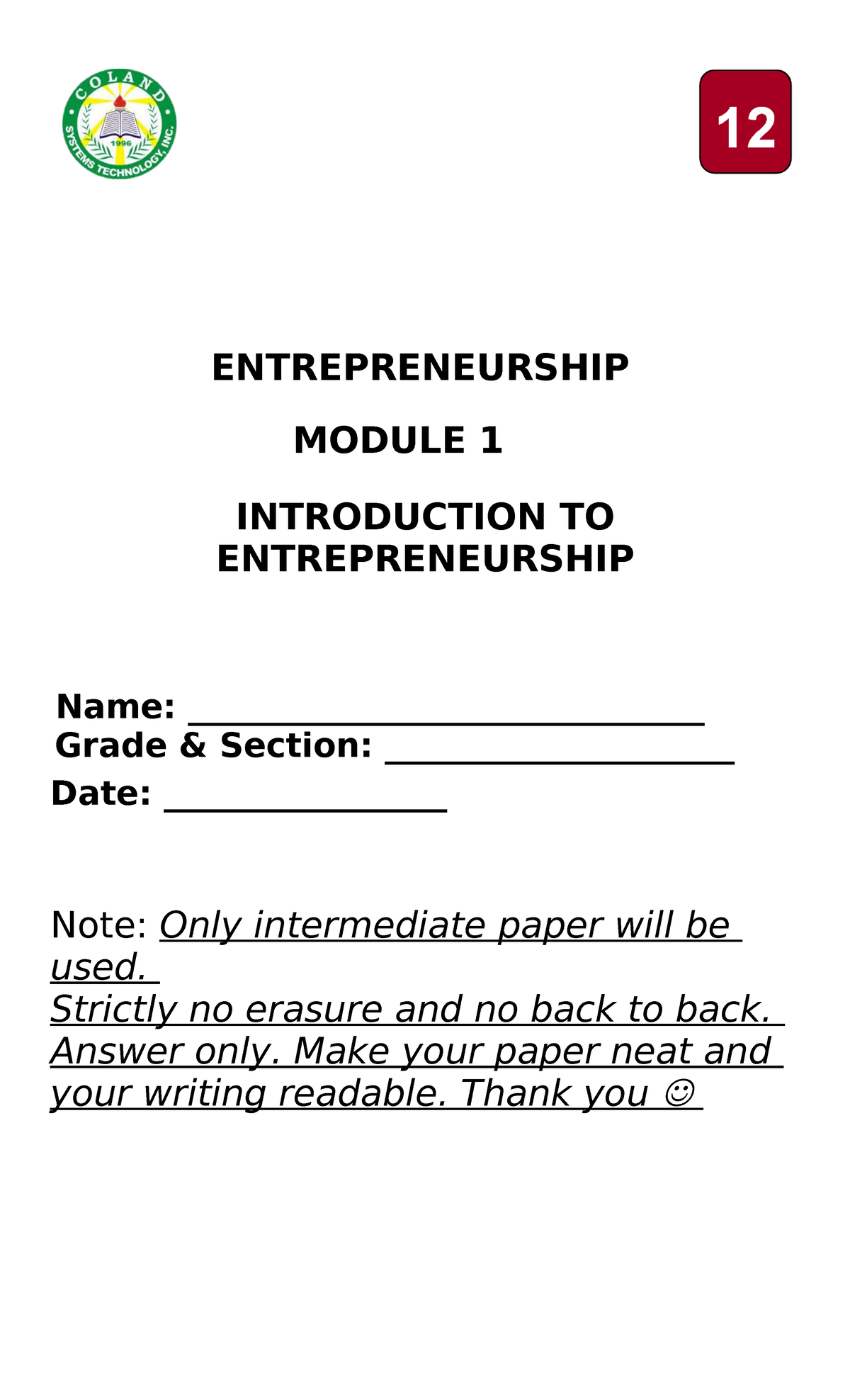 Entrep-Q1-M1 - Eeee - ENTREPRENEURSHIP MODULE 1 INTRODUCTION TO ...