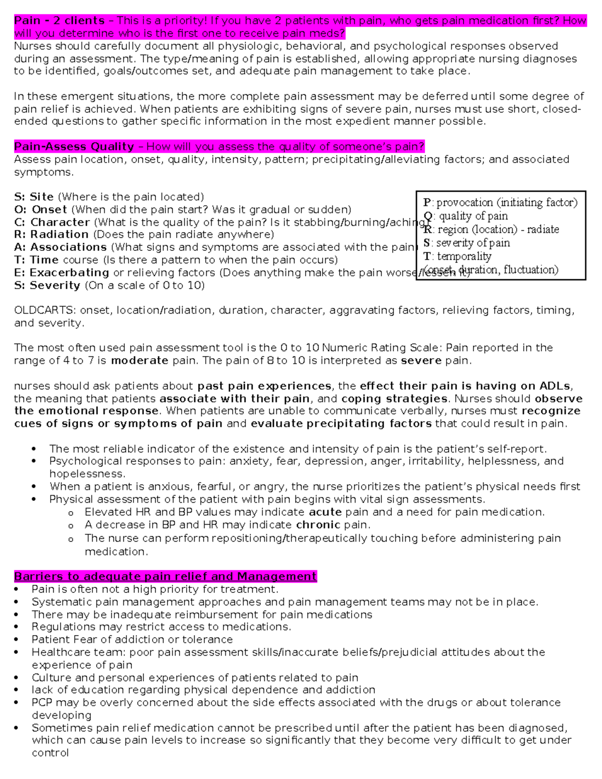 Pain Study Guide HESI Fundamentals V1 - P: provocation (initiating ...