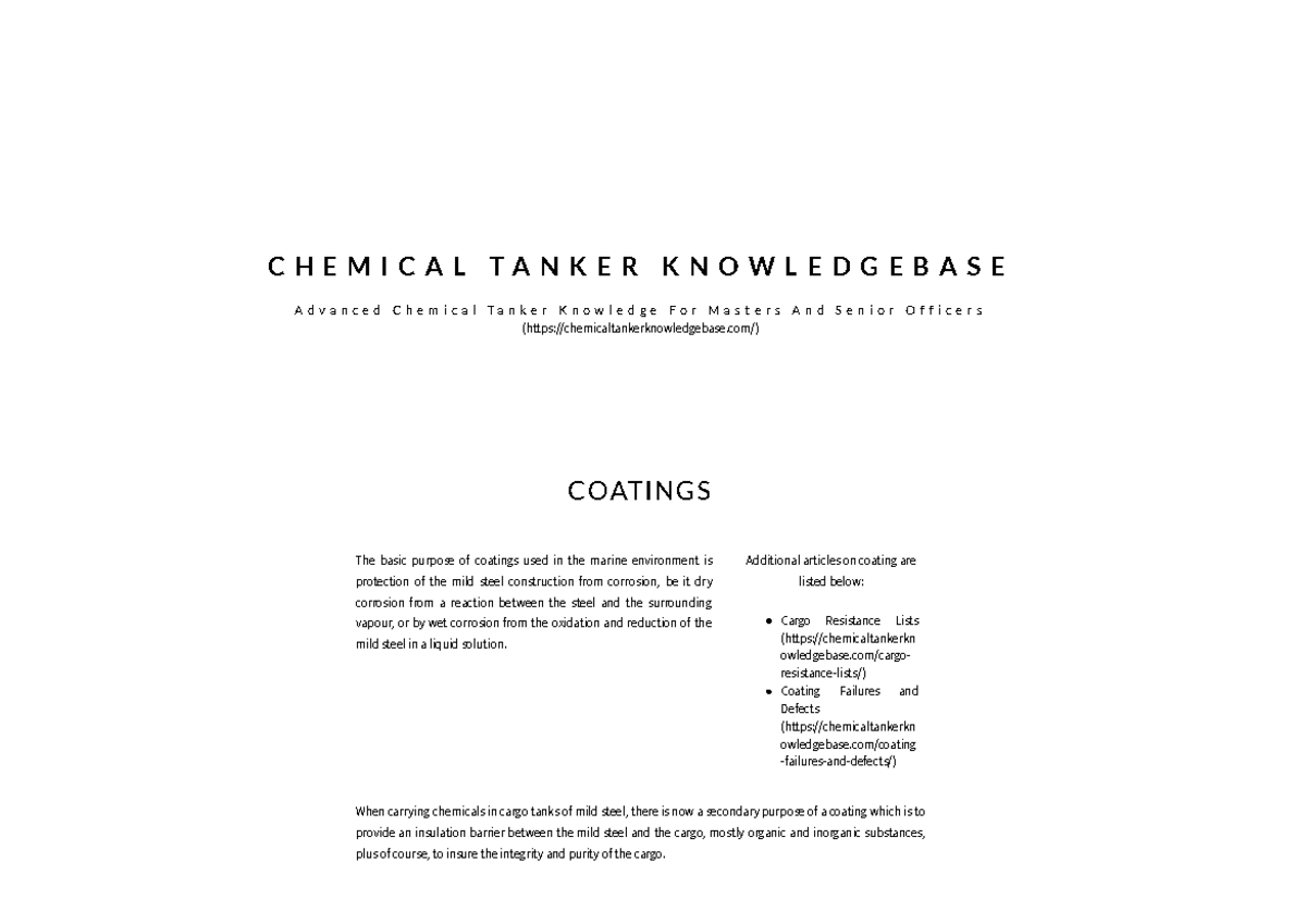 Use Coatings - Chemical Tanker Knowledgebase - C H E M I C A L T A N K E R K N O W L E D G E B A ...