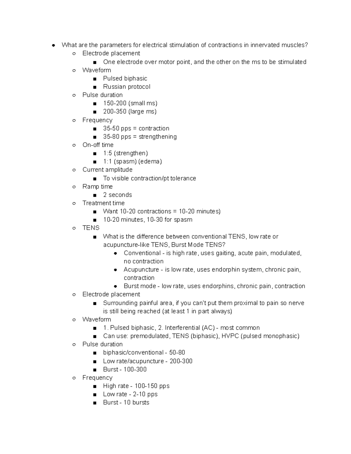 PTA 224 Electrical Stimulation - What are the parameters for electrical ...