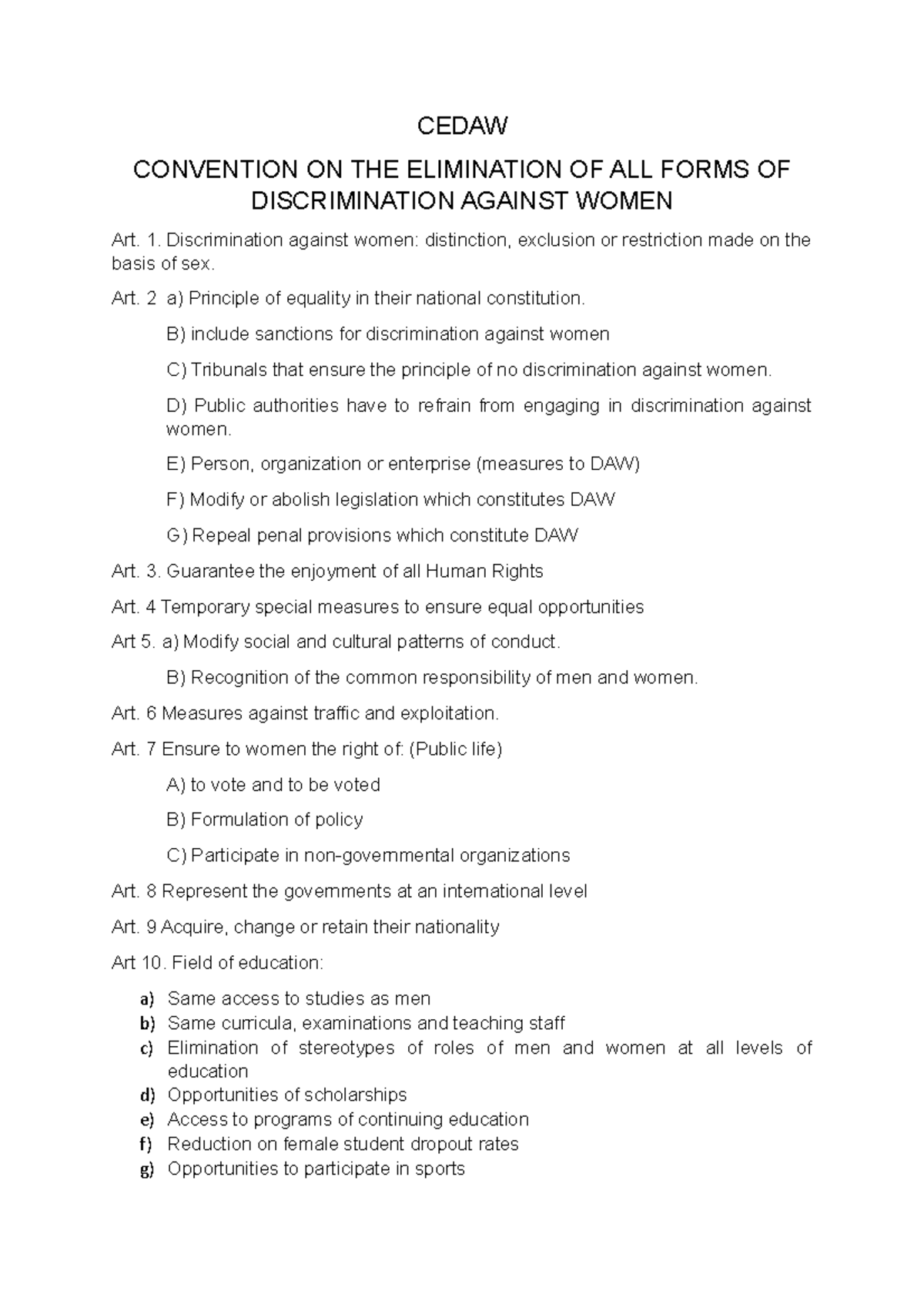 Cedaw resumen - CEDAW CONVENTION ON THE ELIMINATION OF ALL FORMS OF ...