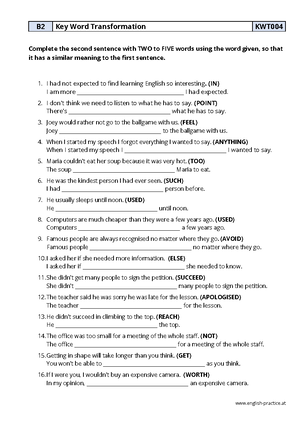 Kwt001-1 - esercizi test b2 - english-practice B 2 Key Word ...